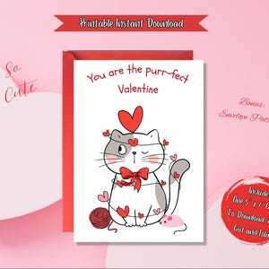 Printable 5x7 Valentine Card, Fun Cat Tangled Hearts “you Are the Purr ...