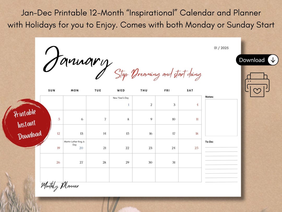 2025 Printable Calendar, Uplifting 12-month Inspirational Quote 2025 ...