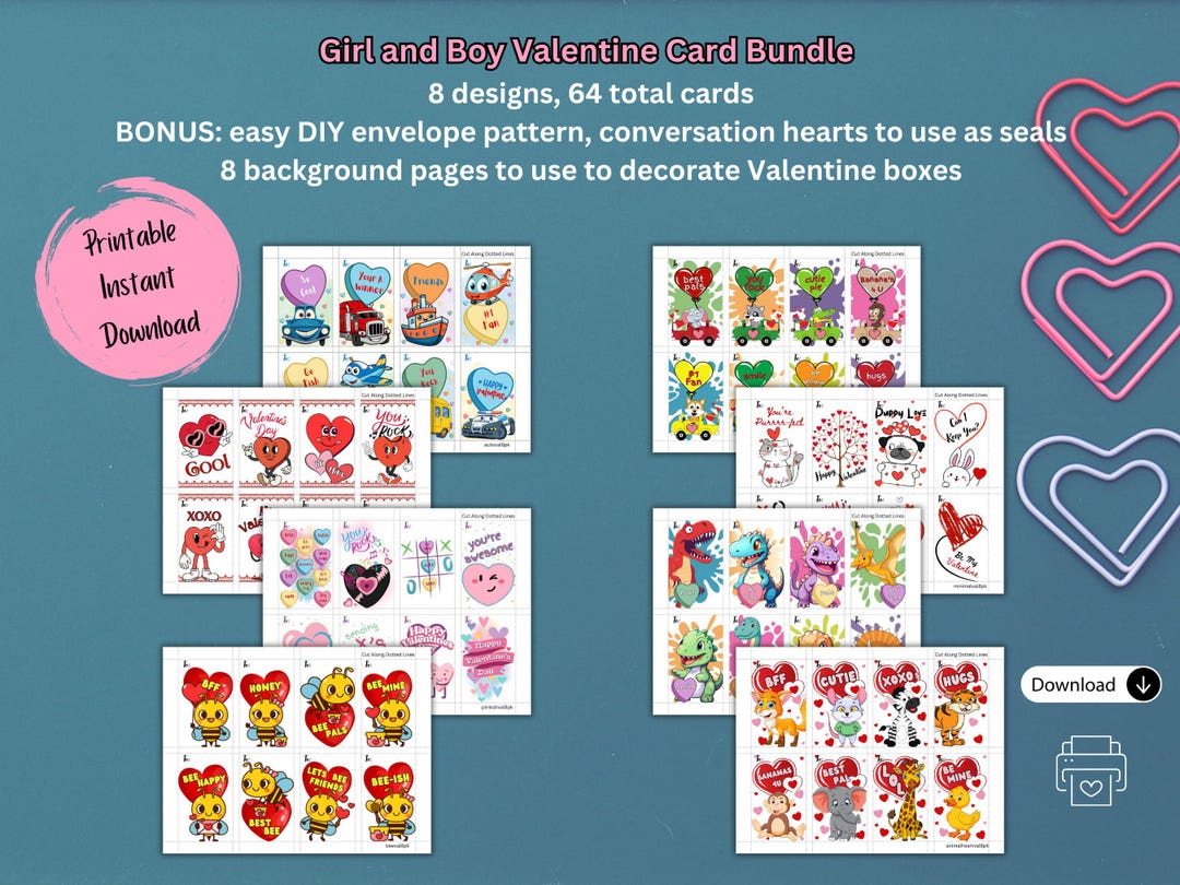 Printable Kids Valentine Card Set, 64 Card Bundle, for Girls and Boys ...