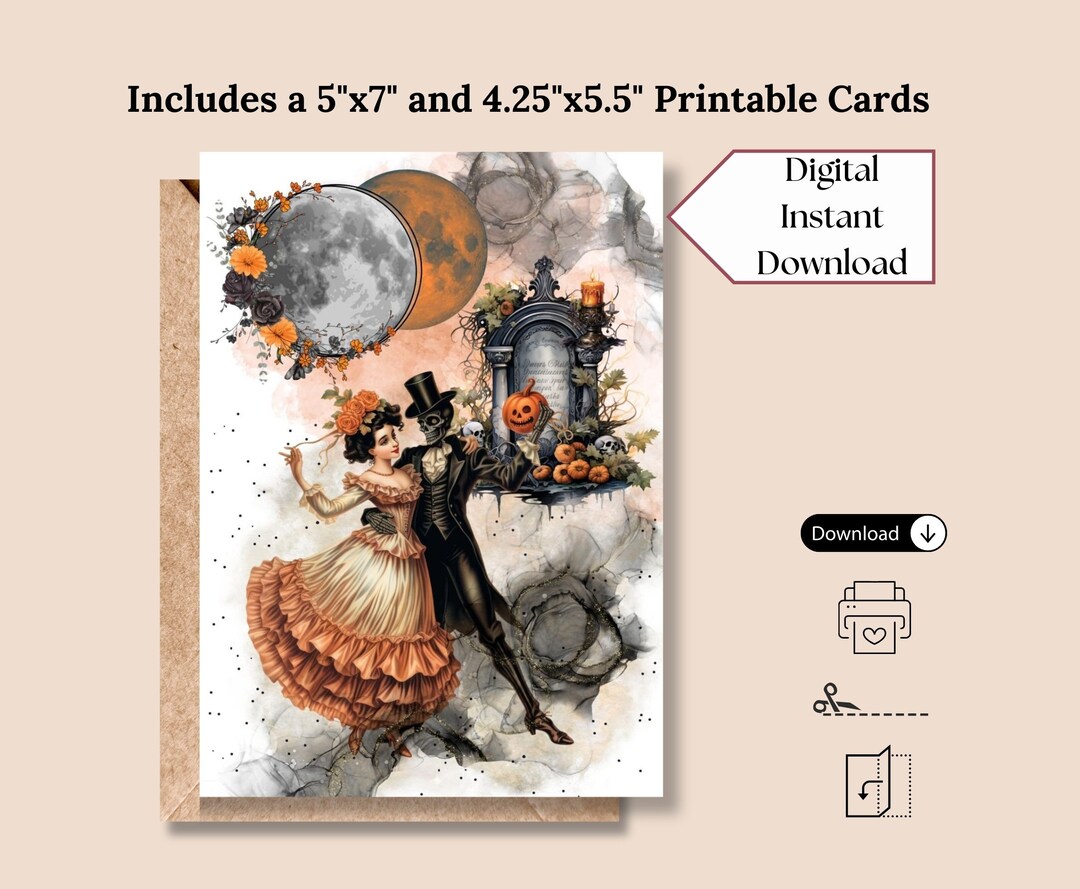 Dance in the Full Moon Light Halloween Printable Greeting Card, Instant ...