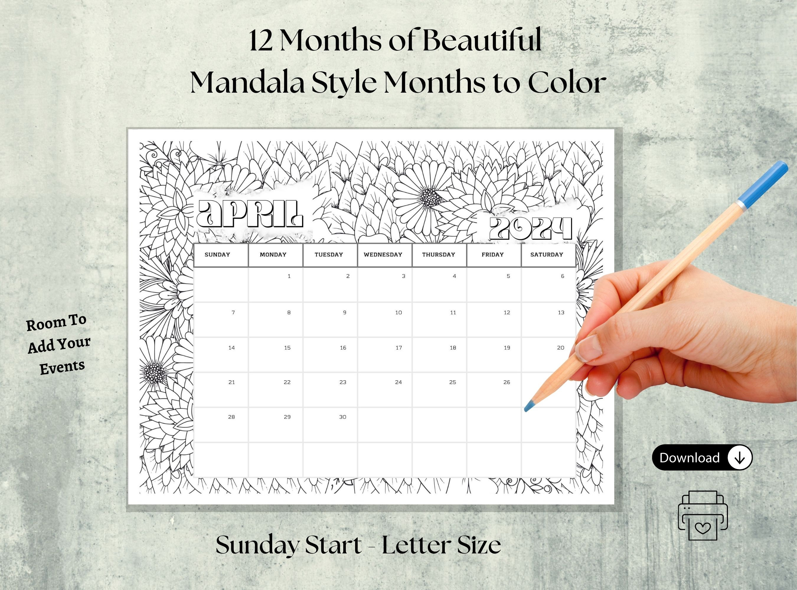 2024 Mandala Floral Style Printable Calendar With 12 Months of - Etsy