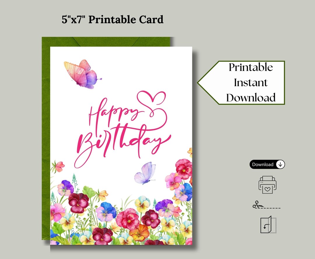 Floral and Butterflies Happy Birthday Printable Greeting Card, Instant ...