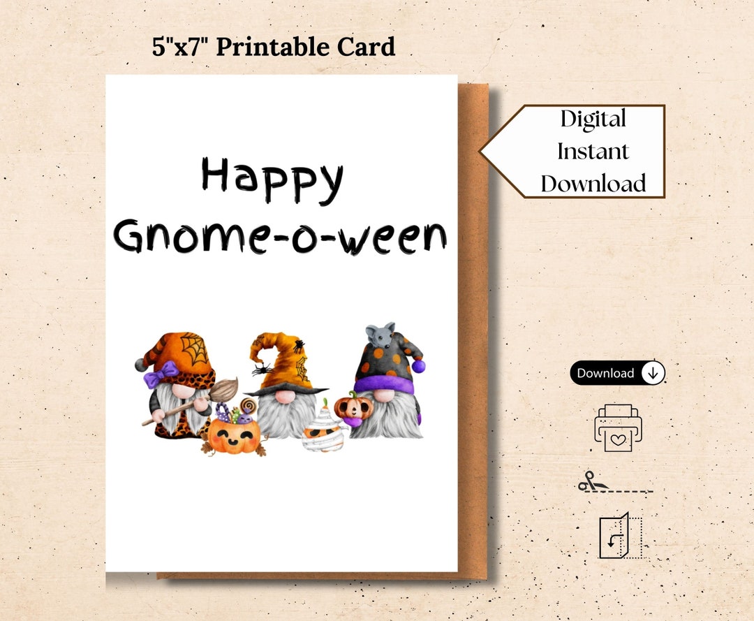 Happy Gnome-o-ween Halloween Printable Greeting Card, 5x7 Inch Card, Instant Download, Features ...