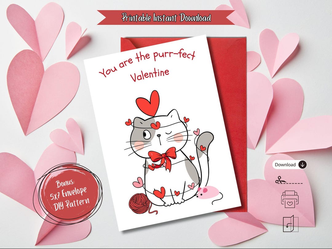 Printable 5x7 Valentine Card, Fun Cat Tangled Hearts “you Are the Purr ...