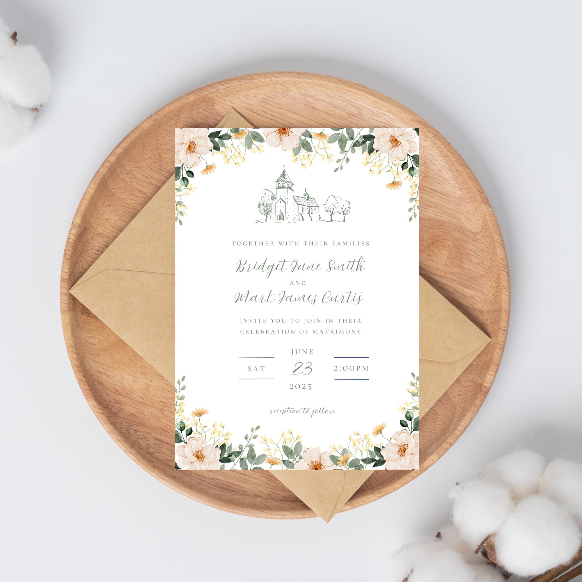 Custom Church Floral Wedding Invitation Template - Etsy