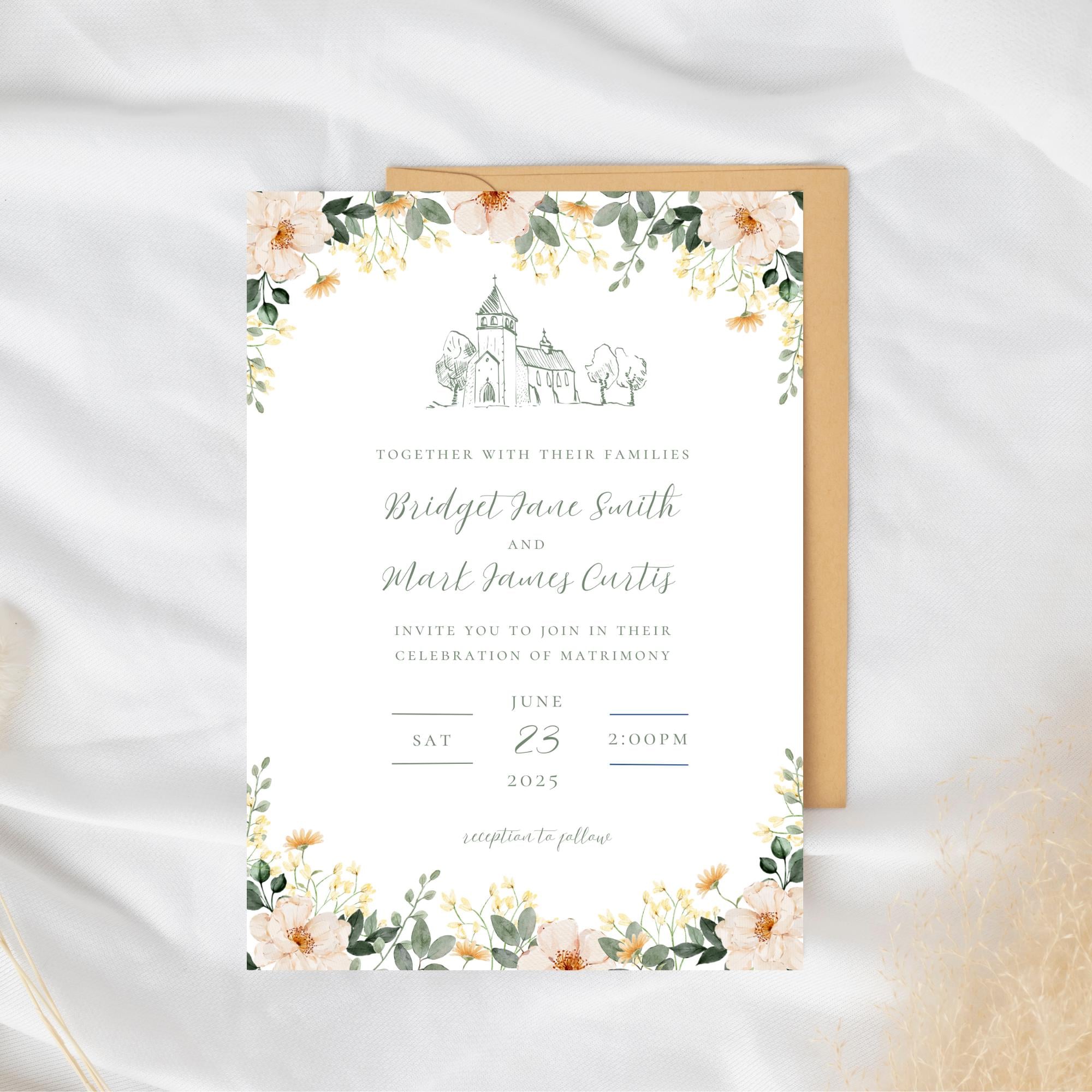 Custom Church Floral Wedding Invitation Template - Etsy