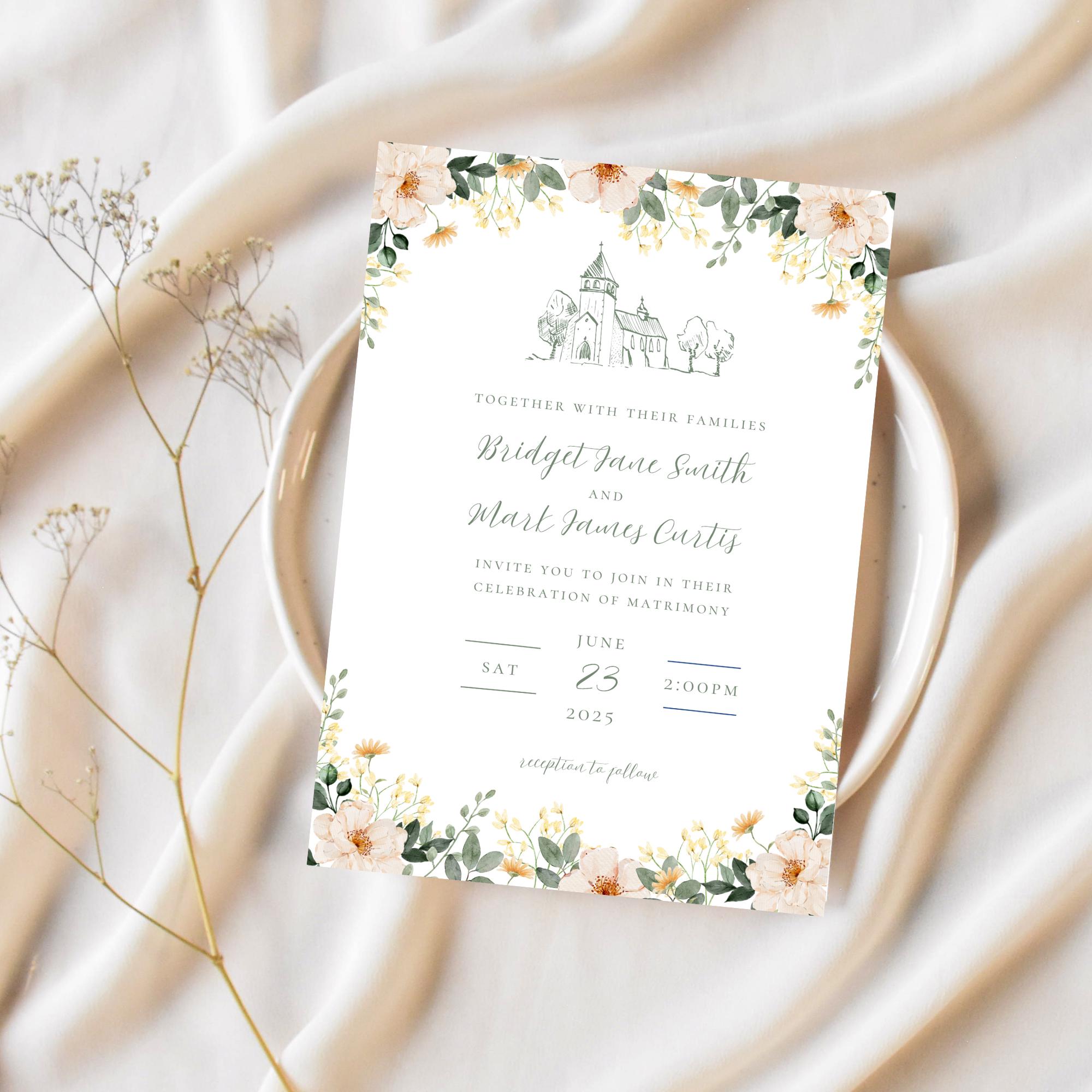 Custom Church Floral Wedding Invitation Template - Etsy