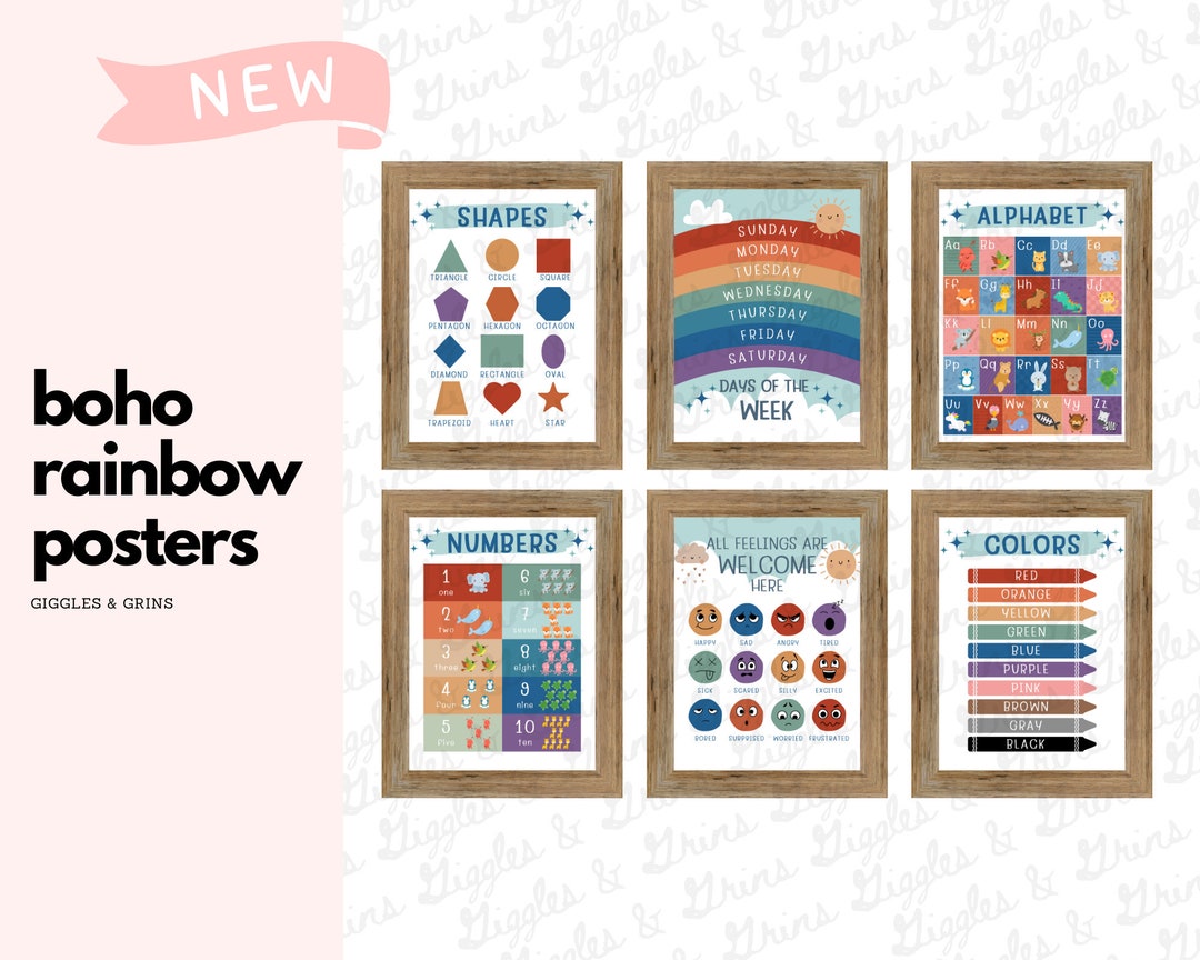 Boho Rainbow Learning Posters | Colors | Shapes | Alphabet | Numbers ...