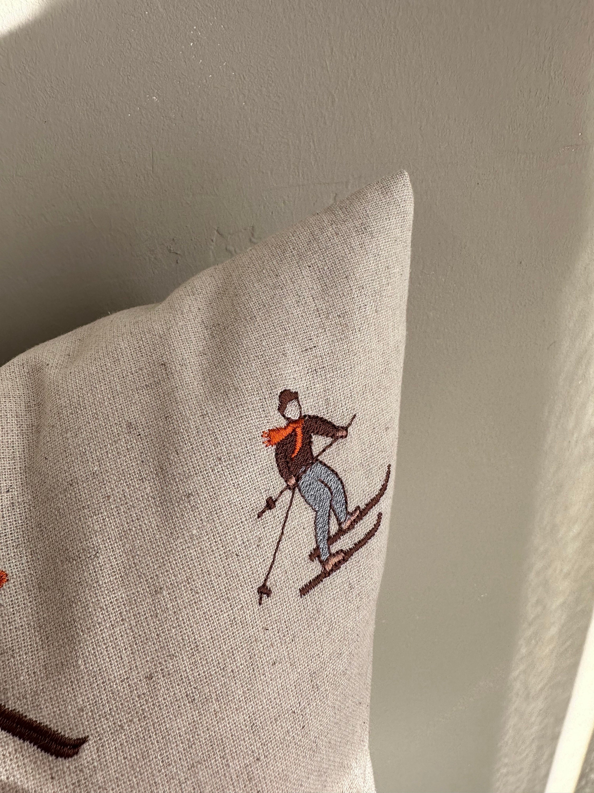 Natural Linen and Cotton Pillow Case Skiing Landscape Embroidered ...