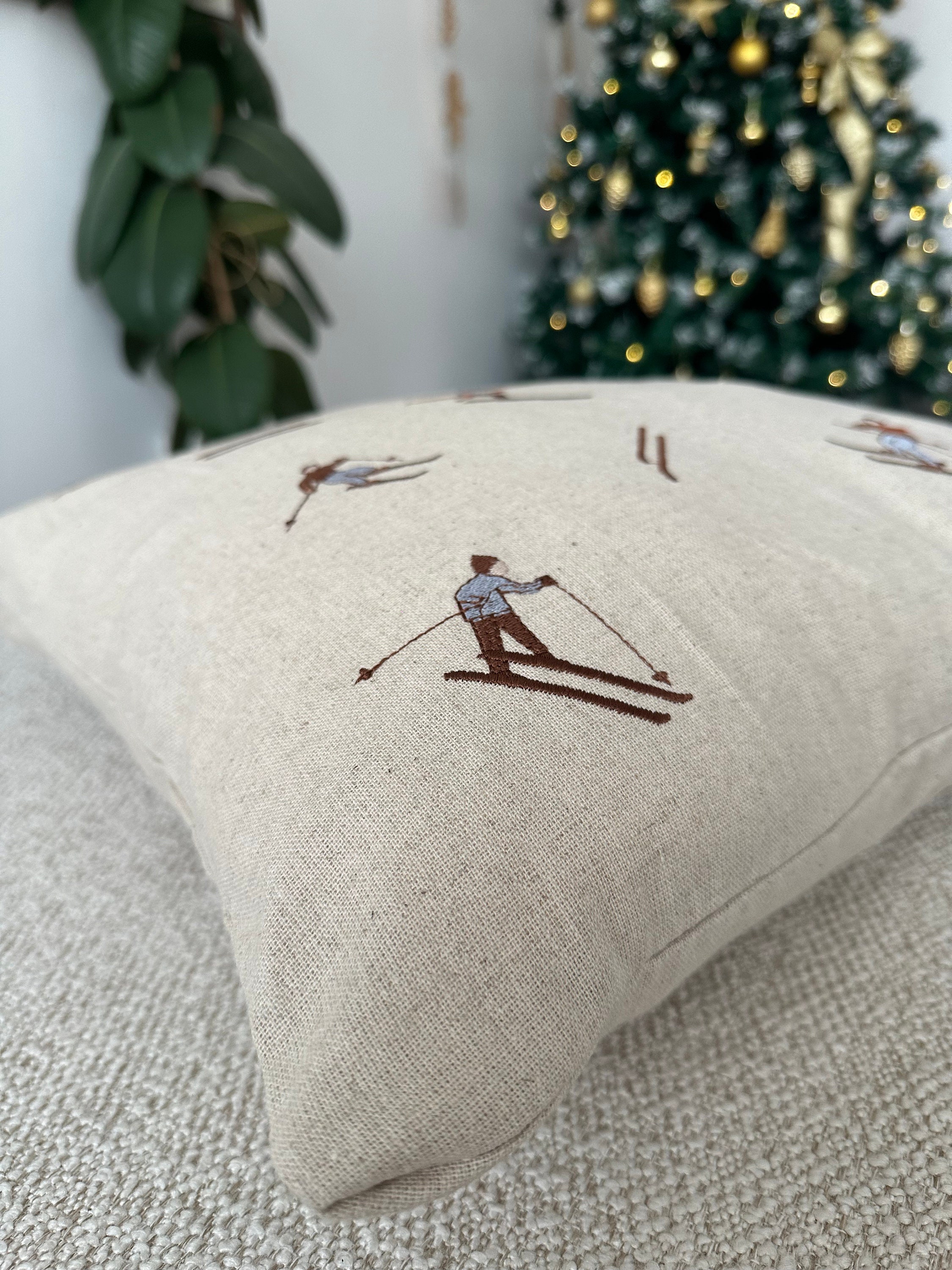 Natural Linen and Cotton Pillow Case Skiing Landscape Embroidered ...