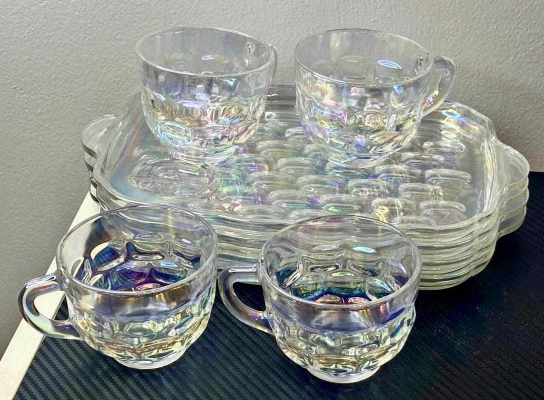Vintage Iridescent Federal Glass Snack Set – 4 Trays & 4 Cups – Mid ...