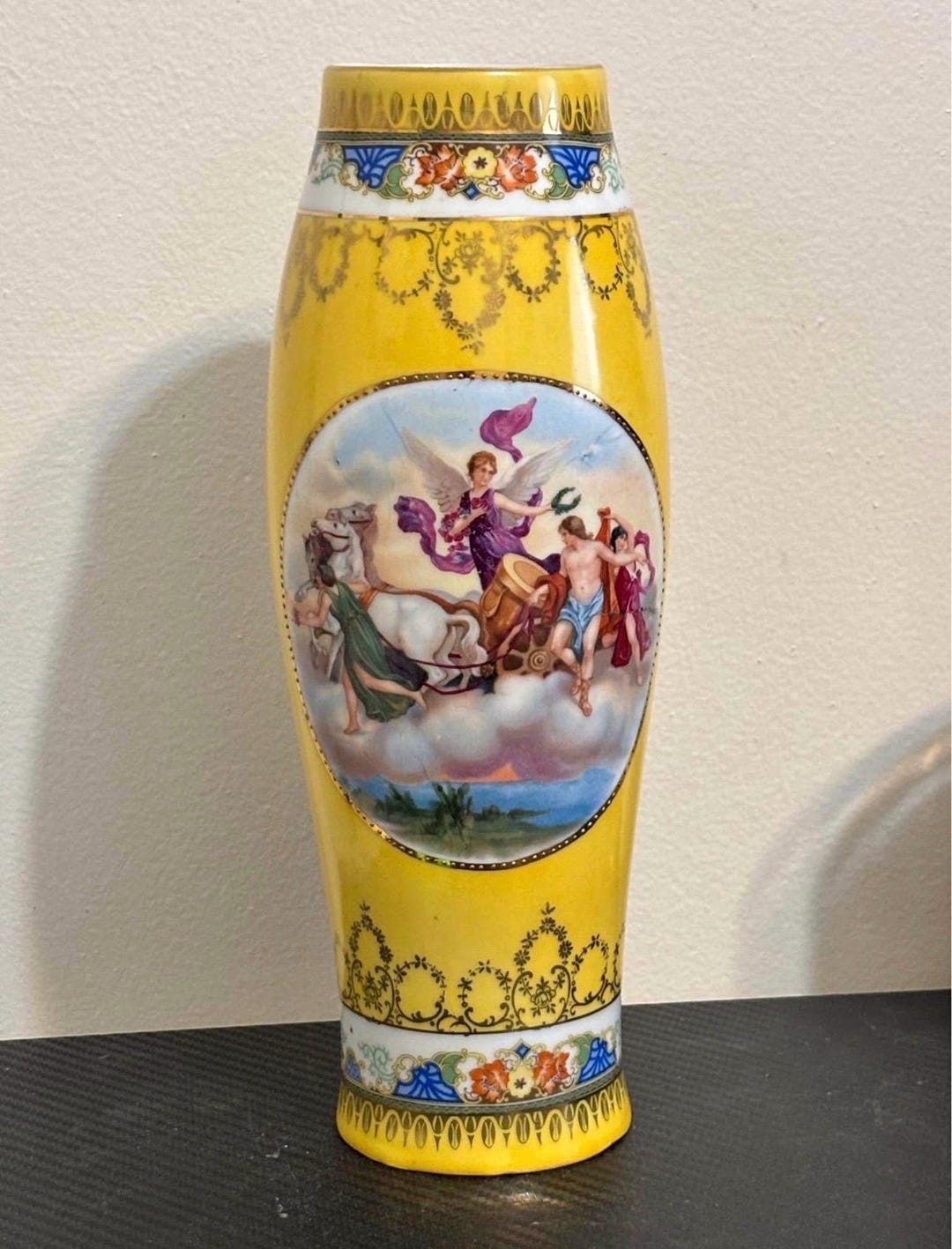 Gorgeous Vintage Prov. Saxe Porcelain Vase – 10” Yellow With Classical ...
