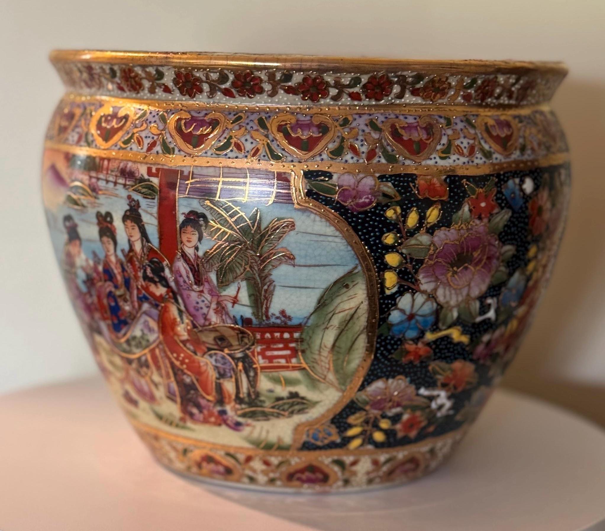 Chinese Satsuma Fishbowl Planter – Hand-painted Figural Scene ...