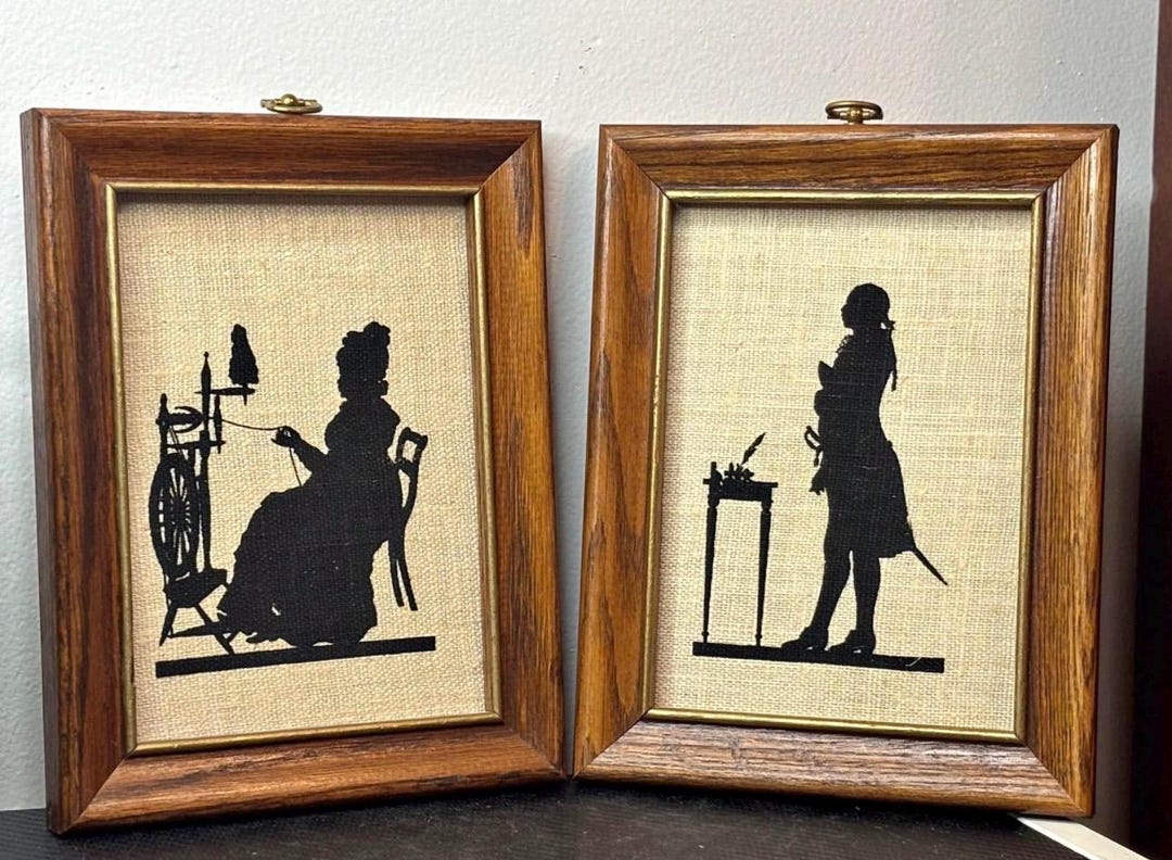 Vintage Silhouette Art Pair – Colonial Spinning Wheel & Quill Scene ...