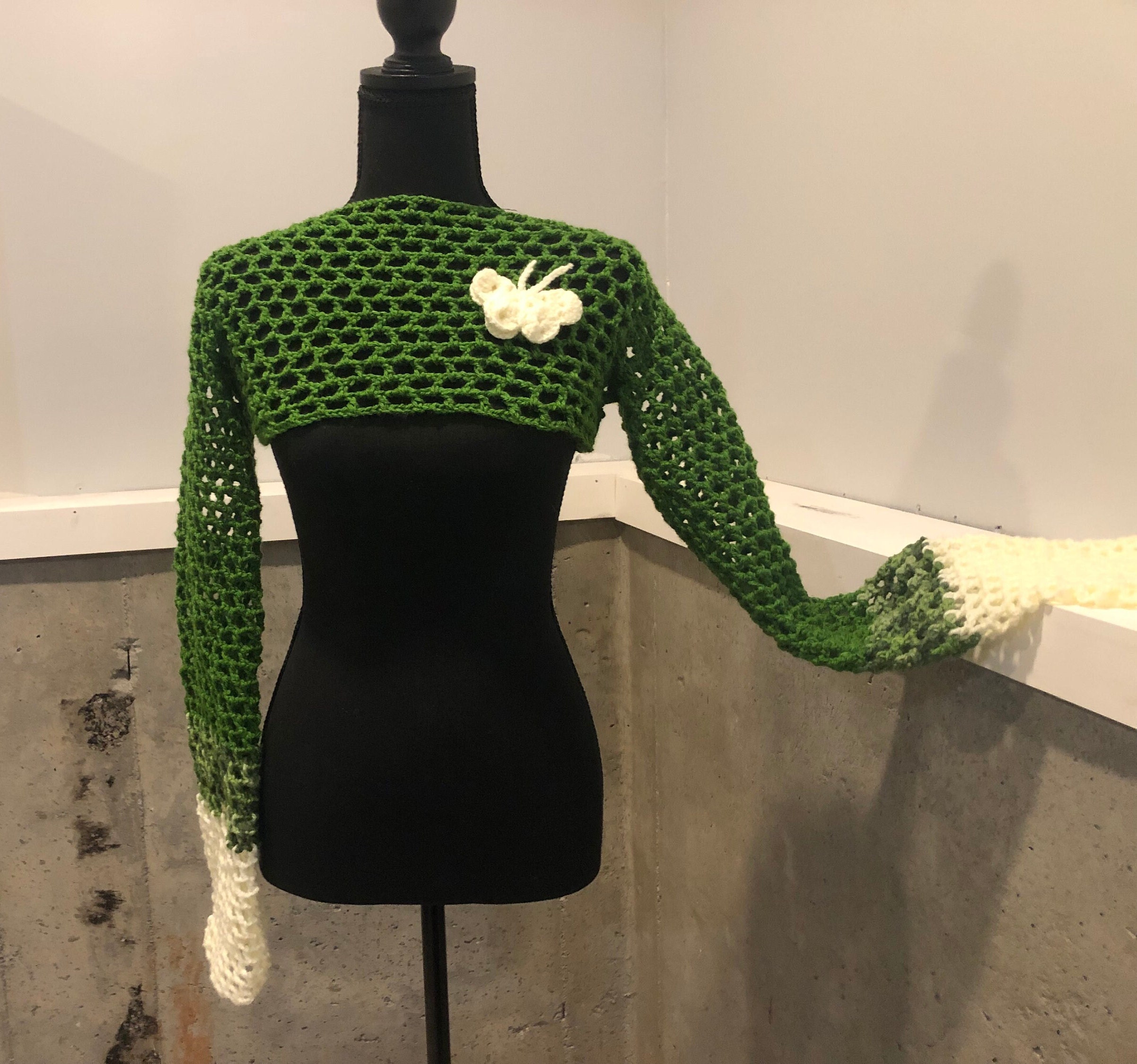 Green Crochet Shrug, Long Sleeve Shrug for Women, Mesh Crop Top, Gift ...