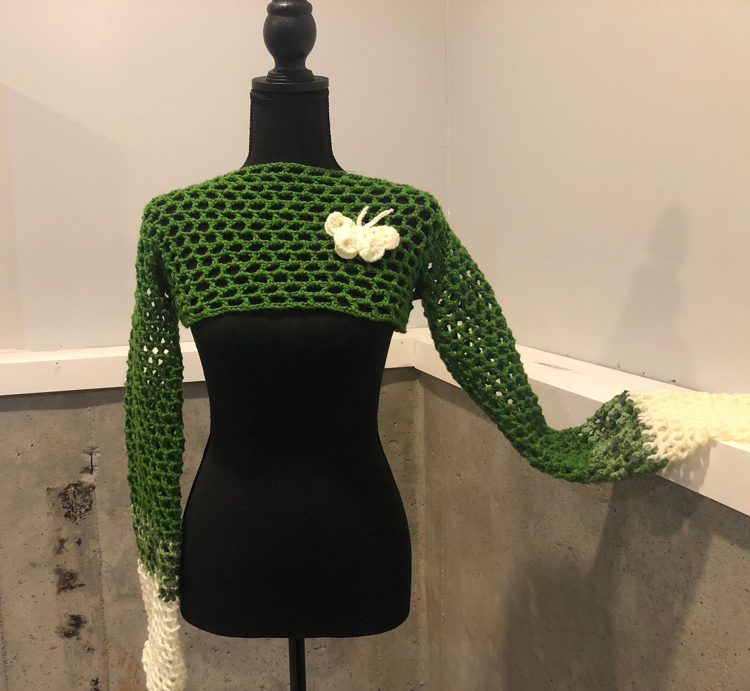 Green Crochet Shrug, Long Sleeve Shrug for Women, Mesh Crop Top, Gift ...