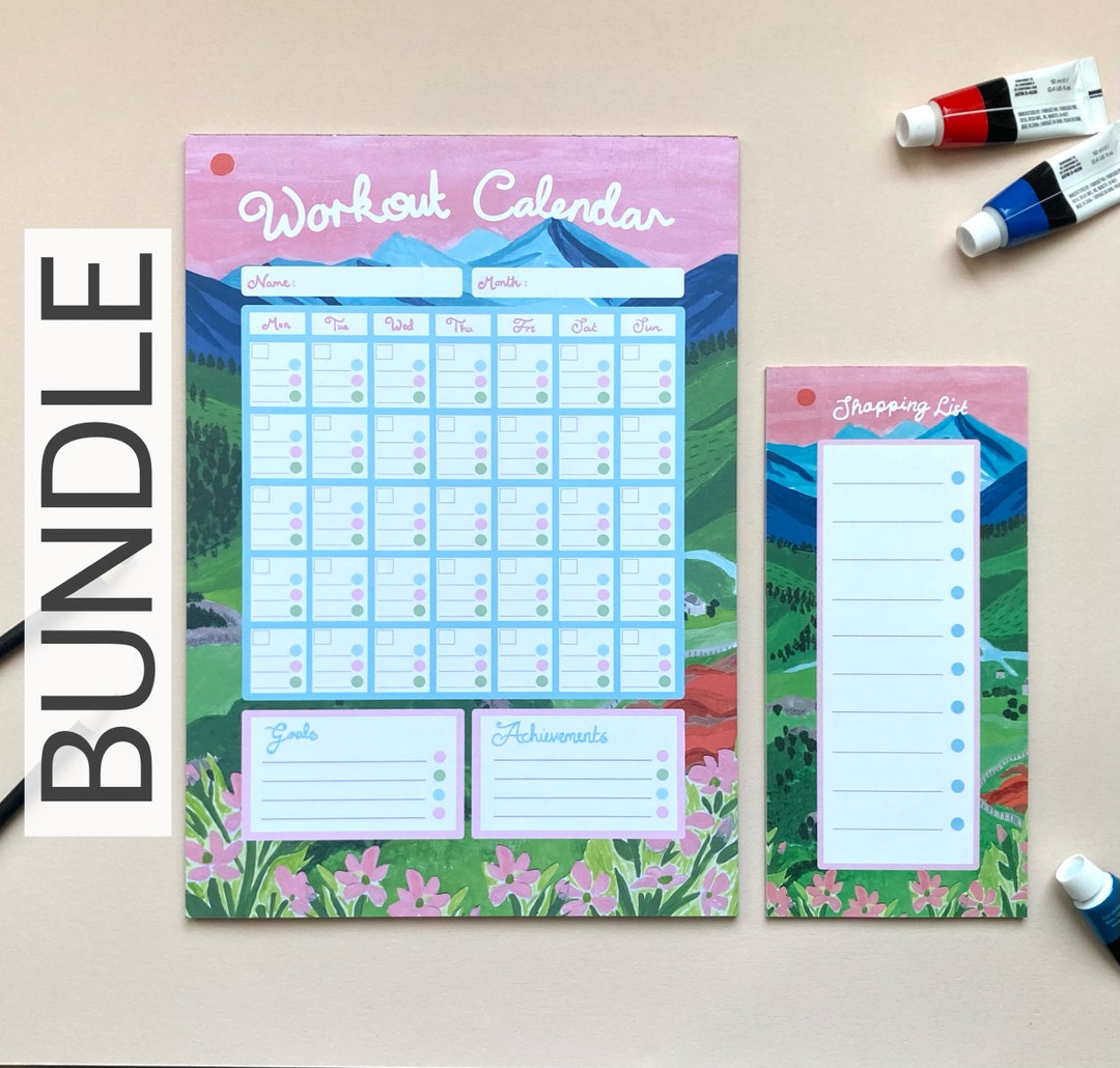 Cute Workout Calendar for Wall & Shopping List Pad Bundle, 25 Sheets ...
