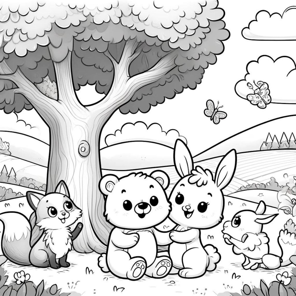 Adorable Woodland Animal Coloring Page for Kids Printable Forest Scene ...