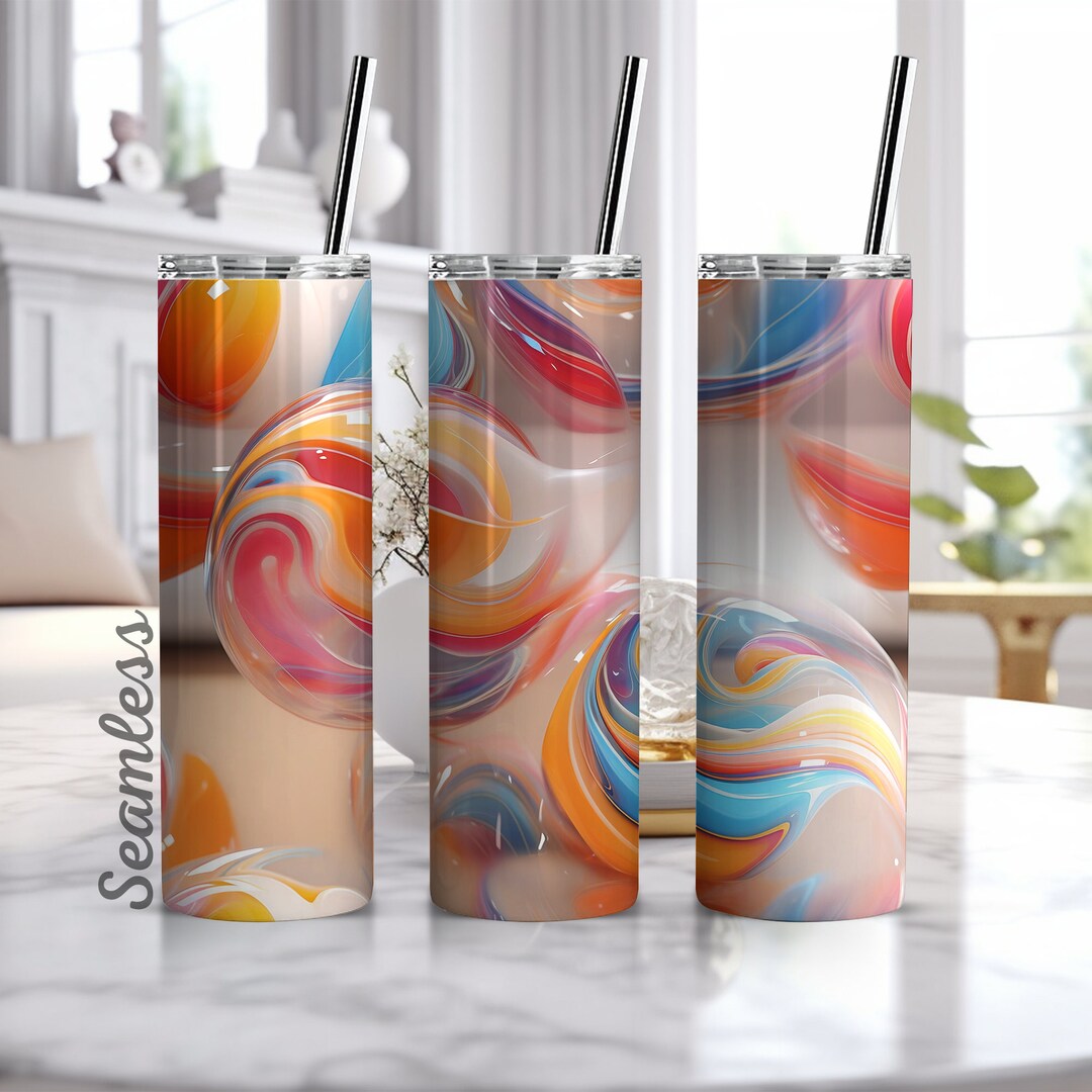 3D Floating Rainbow Marble Tumbler Wrap, 20oz Seamless Skinny Tumbler ...