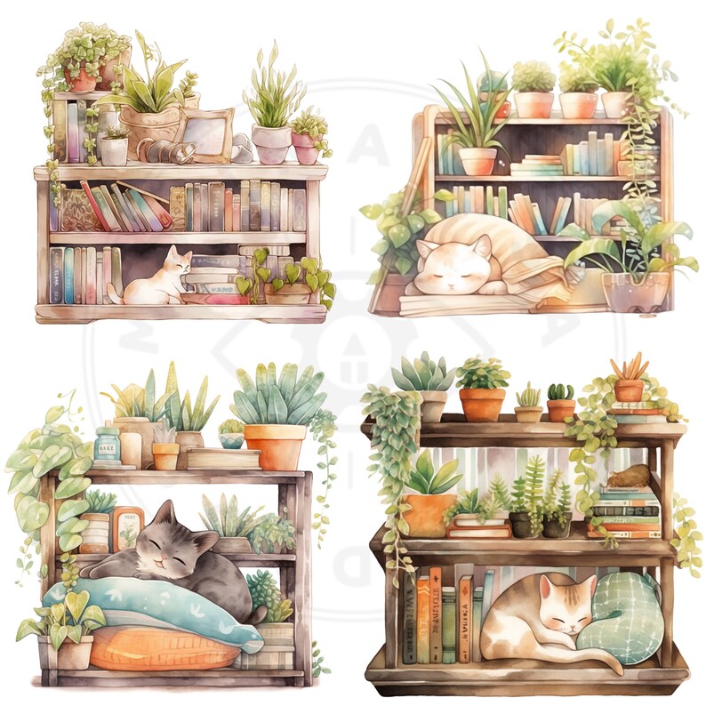 Watercolor Cat Sleeping on Bookshelf, Cat and Book Lovers, Transparent ...