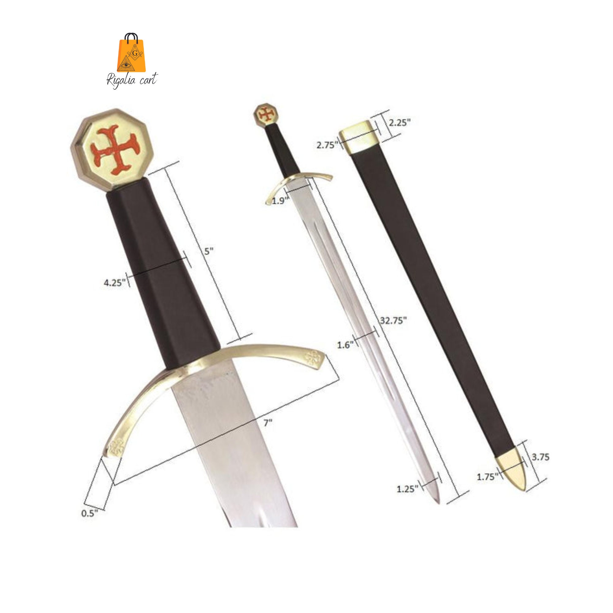 Knights Templar Commandery Sword With Black Gold Hilt and Black ...