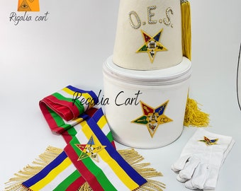 OES Fez Hat, Masonic OES Fez With Rhinestone Work Pure White, OES Sash ...