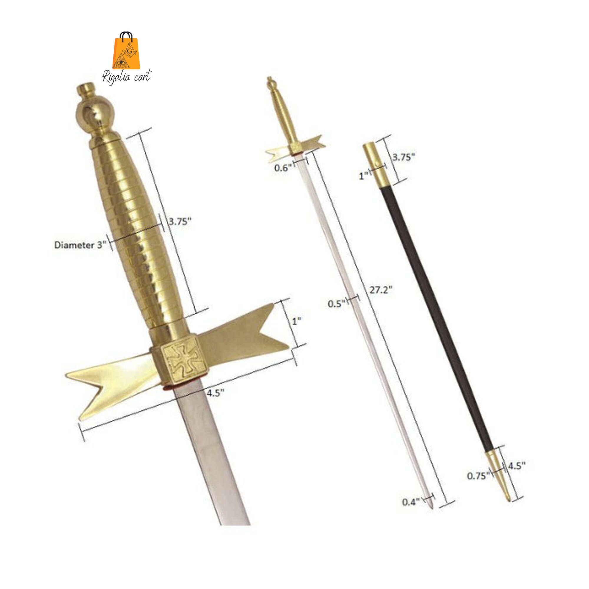 Knights Templar Commandery Sword With Gold Hilt and Black Scabbard Best ...