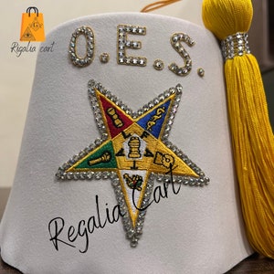 OES Fez Hat, Masonic OES Fez With Rhinestone Work Pure White, OES Sash ...