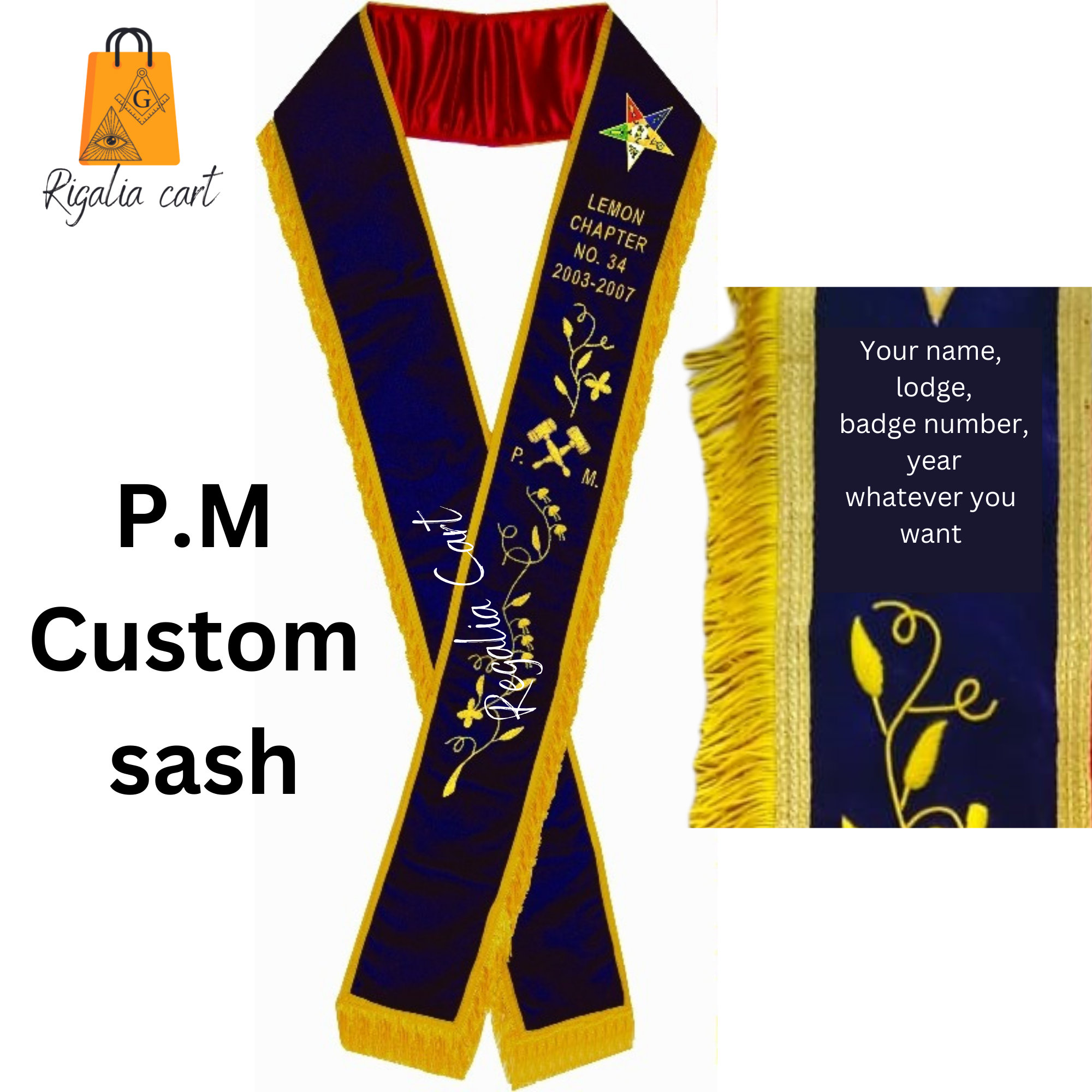 Masonic P.M Sash, Masonic Past Matron Sash Hand Embroidered With Purple ...