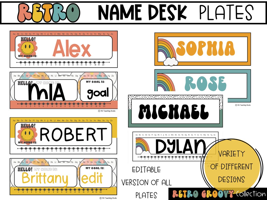 Groovy Retro Desk Plates (editable), Student Name Plates - Etsy