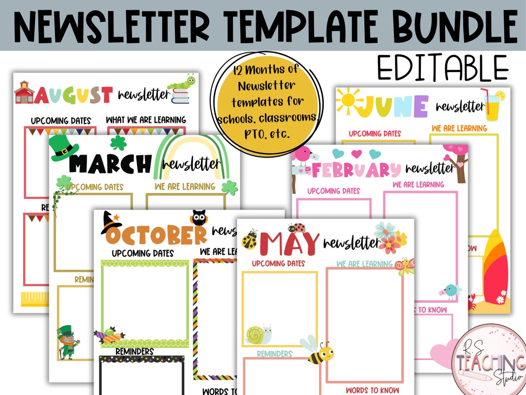 School Newsletter Template Bundle, 12 Months of Newsletter Templates ...