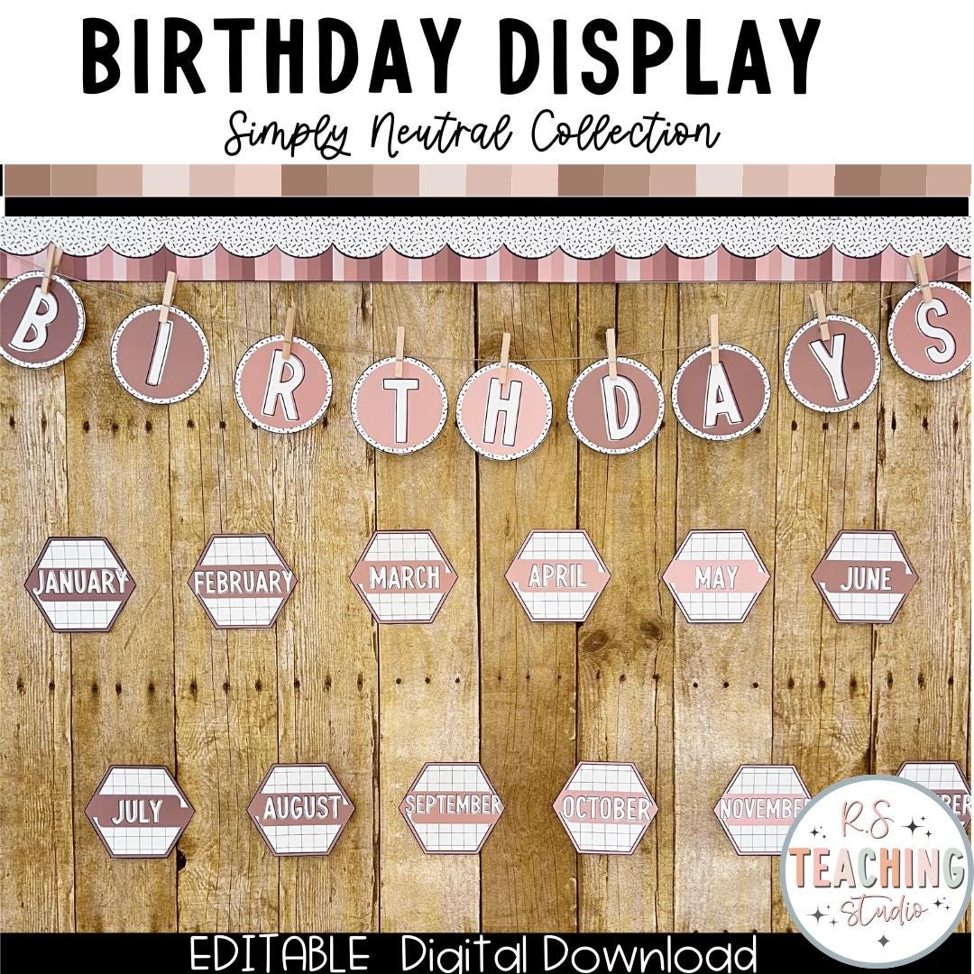 Neutral Classroom Birthday Display: Editable Bulletin Board (digital ...
