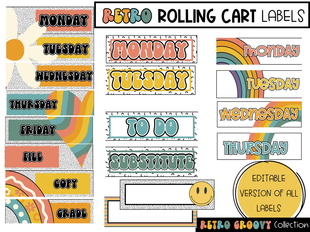 Retro Groovy Teacher Cart Labels: Editable 10-drawer Organizer (digital ...