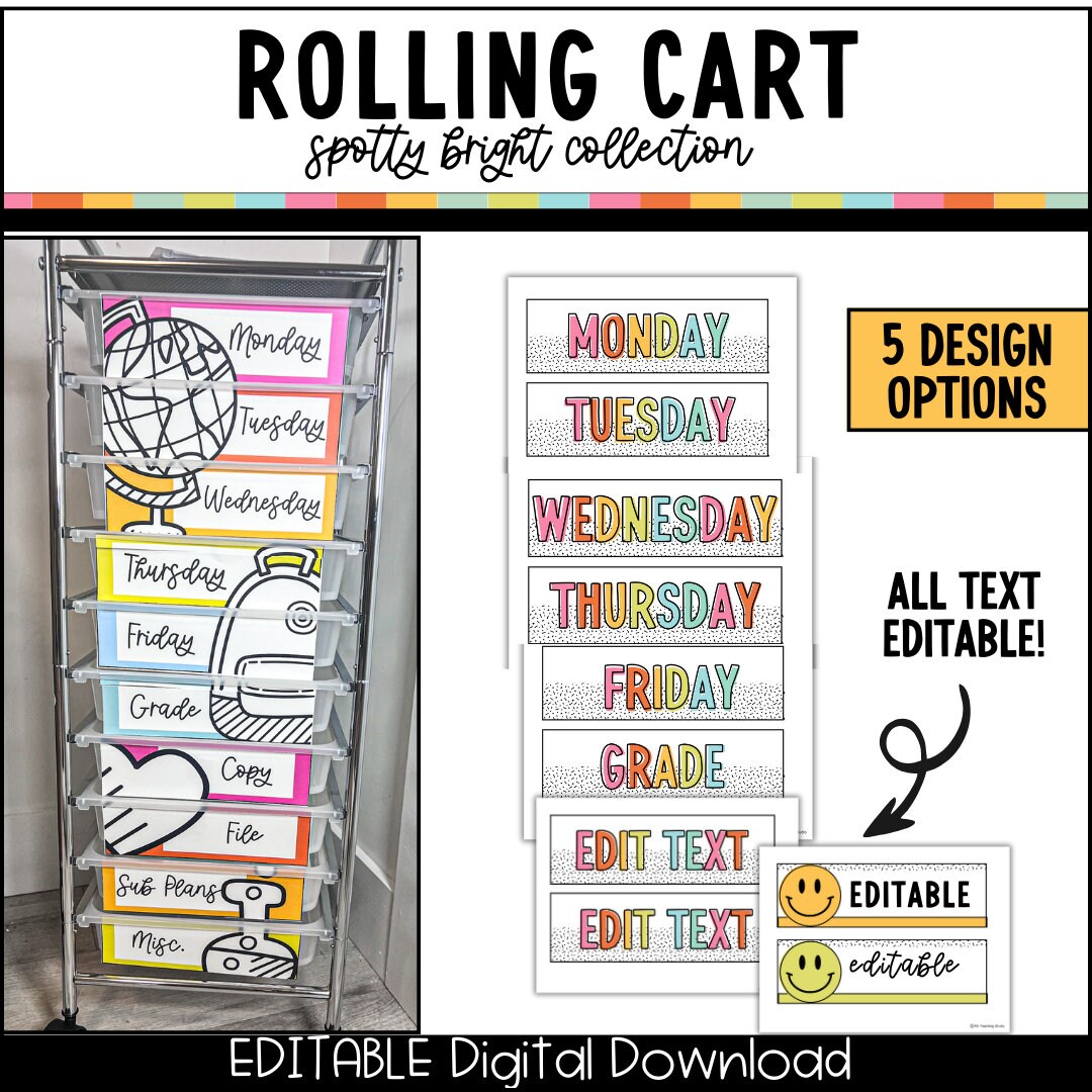 Bright Rolling Cart Labels: Editable Classroom Decor (digital Download ...