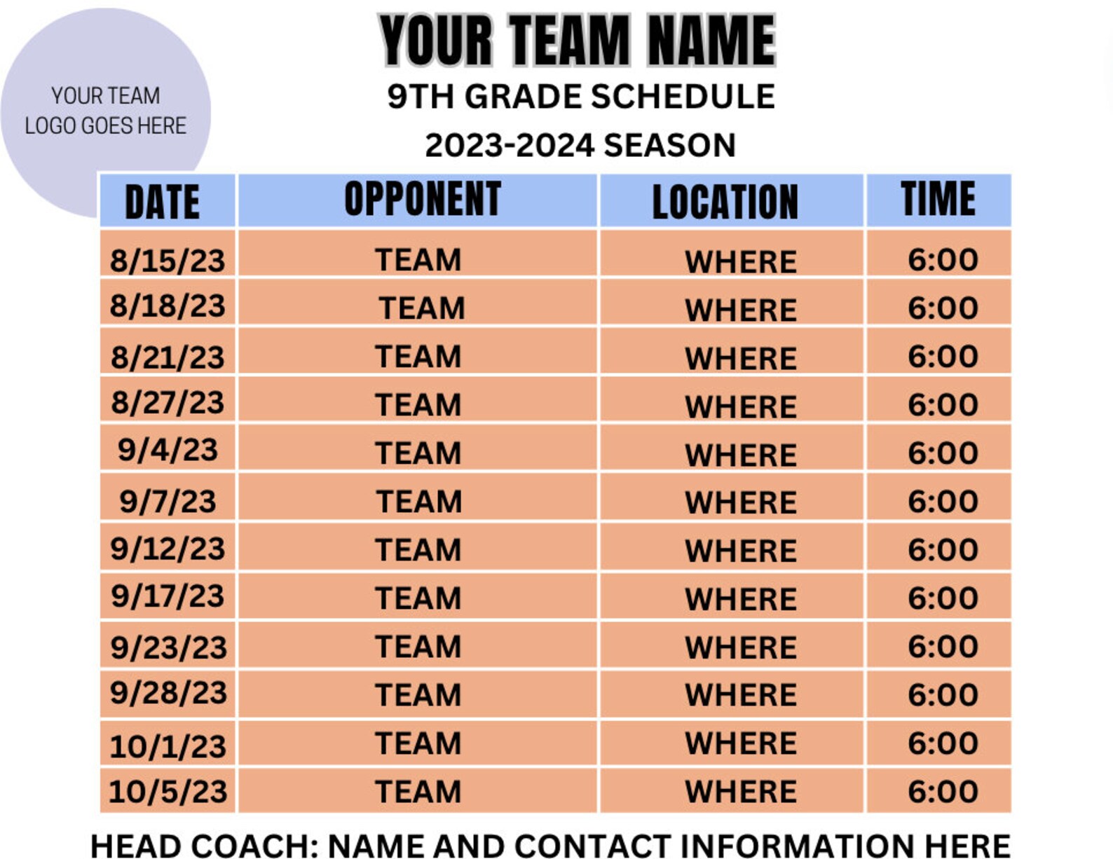 Editable Sports Schedule Template, Printable, Practice Schedule ...
