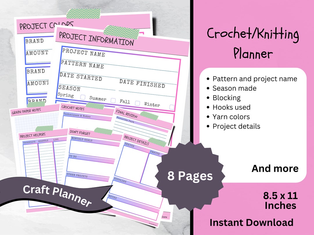 PINK Printable Project Planner for Crochet Knitting, Crochet and ...