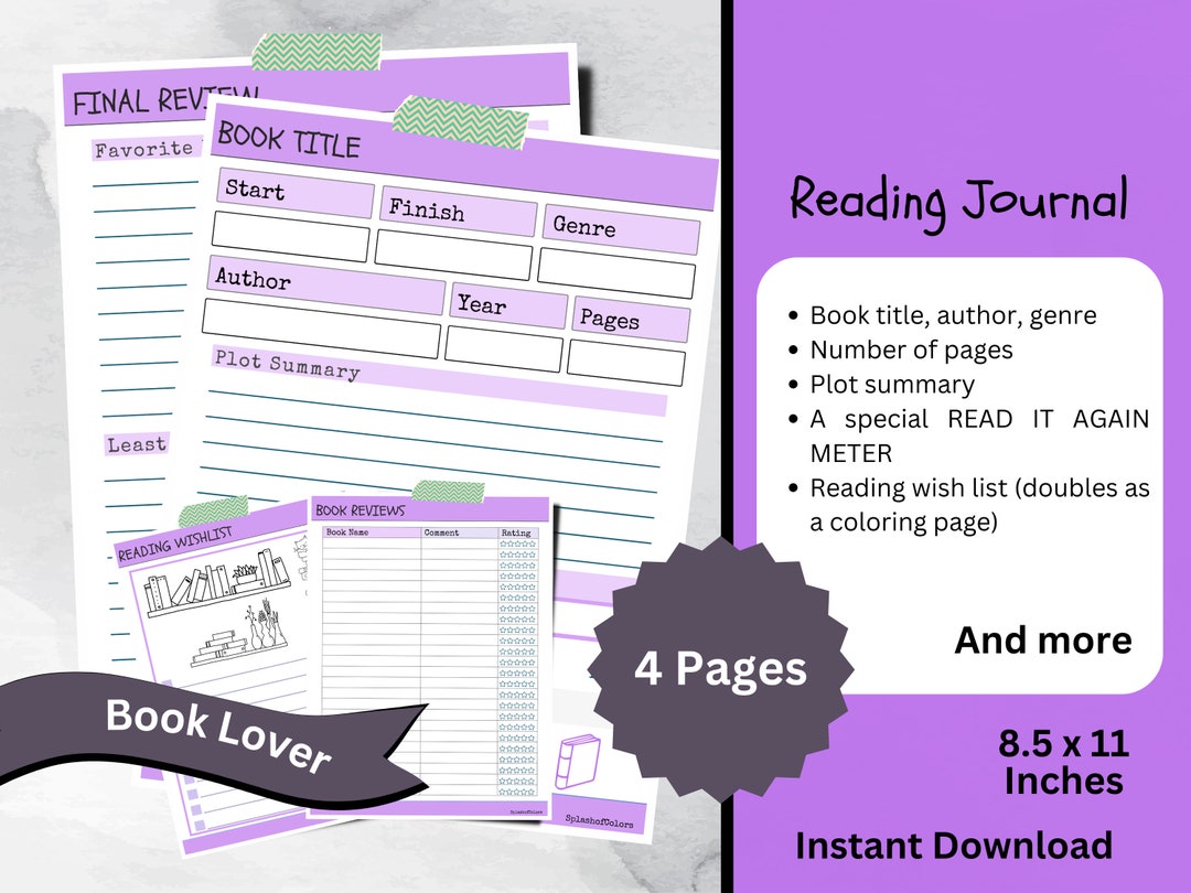 PURPLE Printable Reading Journal Bookworm Gift Reading - Etsy