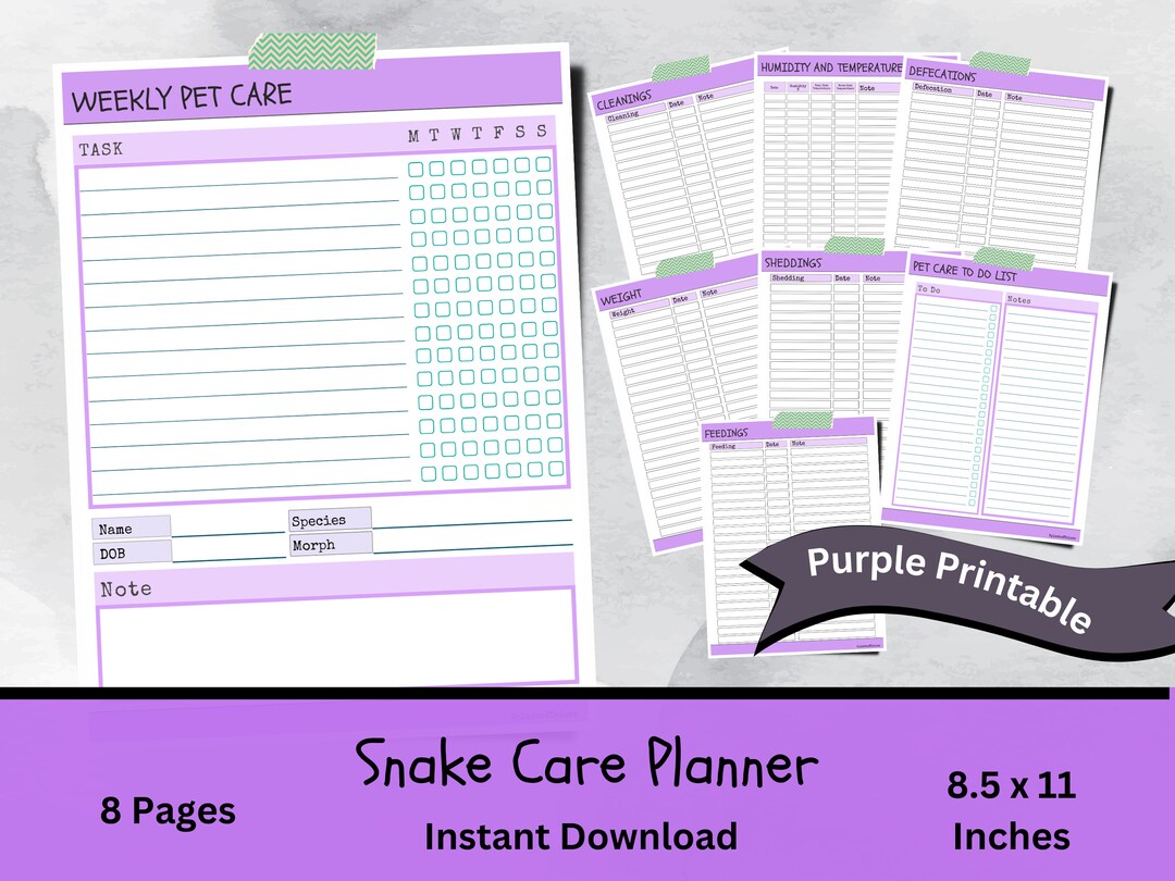 PURPLE Snake and Reptile Printable Care Planner Pet Health - Etsy