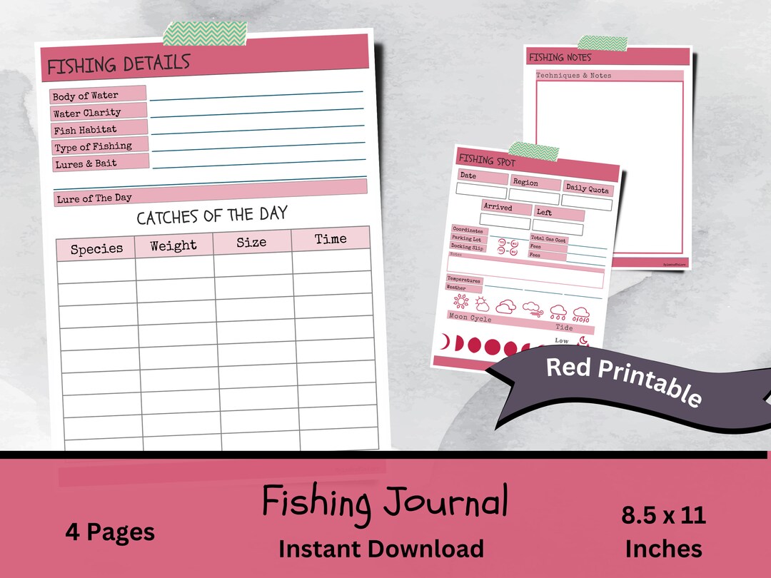 RED Printable Fishing Log Book With Tides & Moons Fishing - Etsy