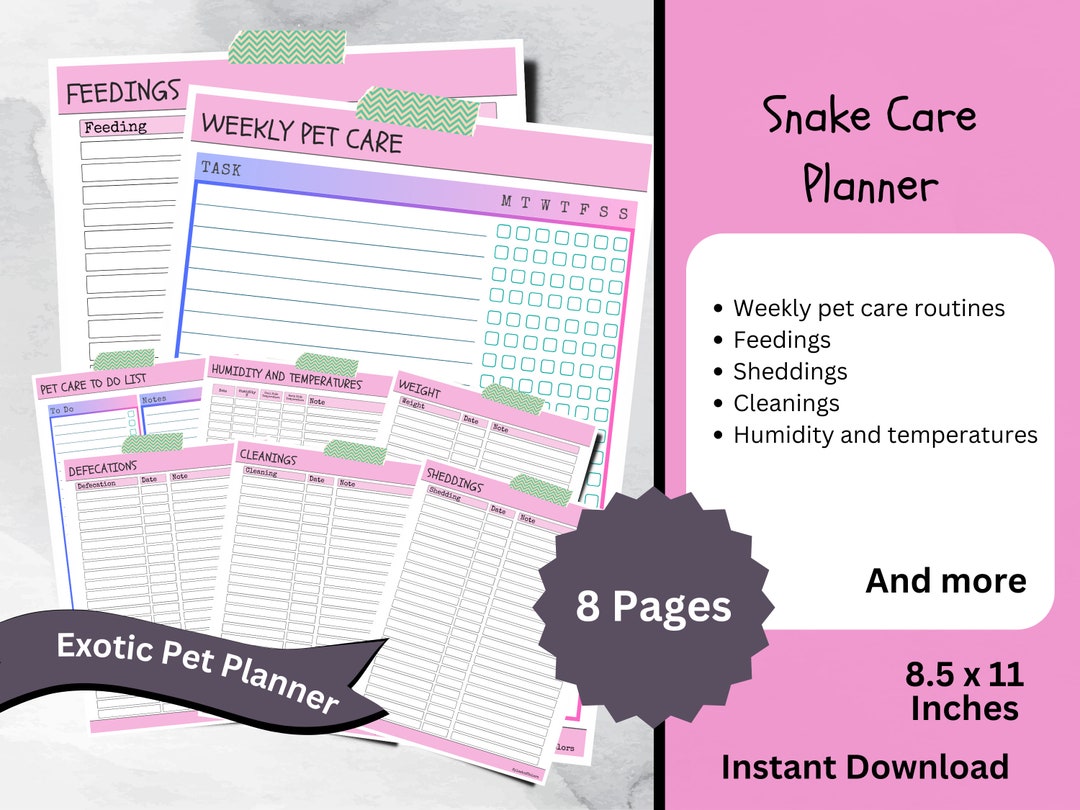 PINK Snake and Reptile Printable Care Planner, Pet Health Log, Exotic ...