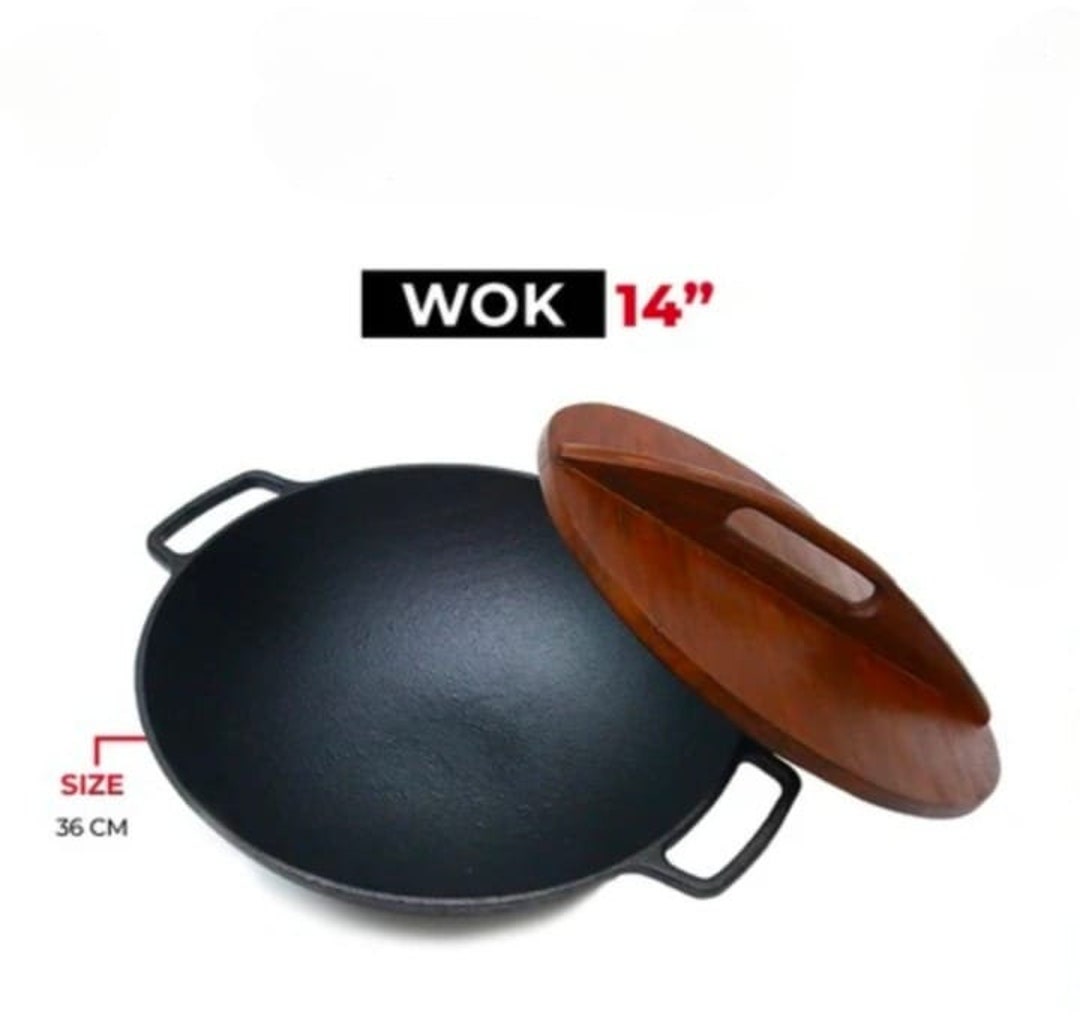 Cast Iron Wok 14 Inches (36 CM), Pre-seasoned, Wok Wth Lid ...