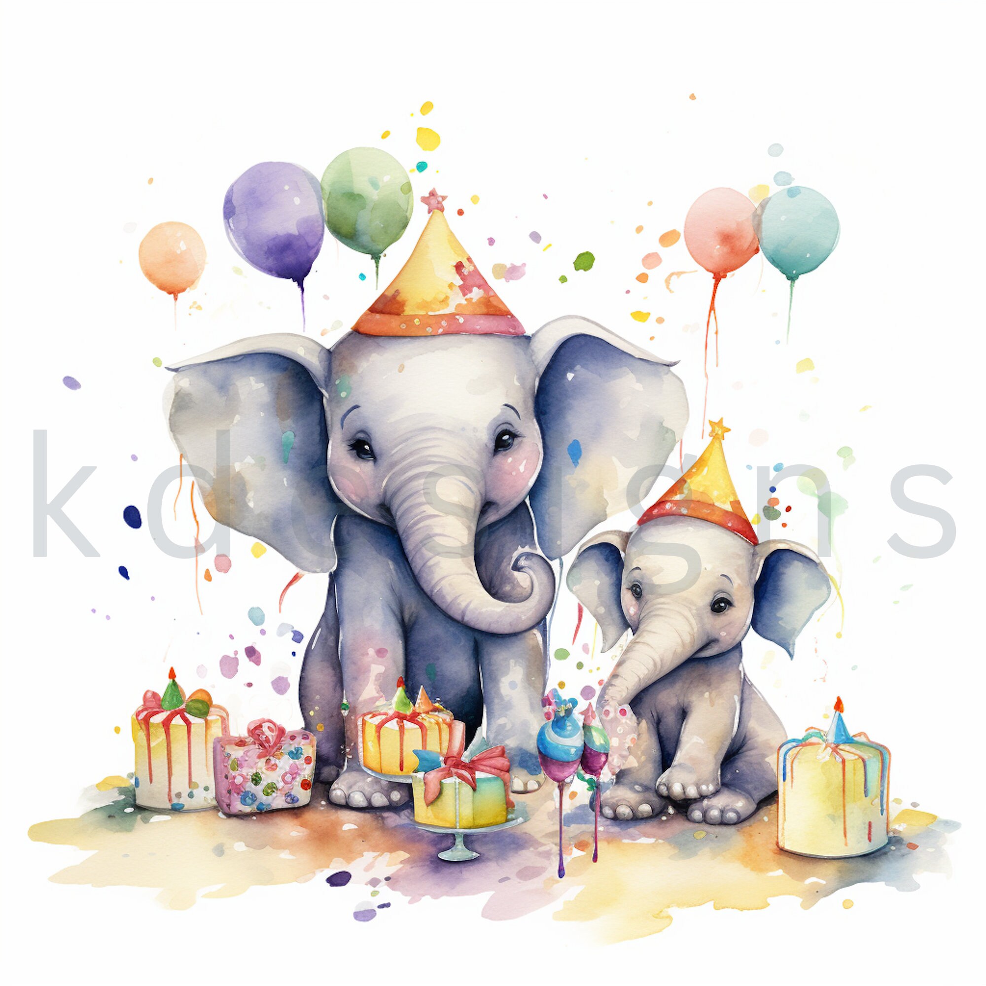 Instant Download Elephant Birthday Party Wall Art Nursery Greeting Card ...