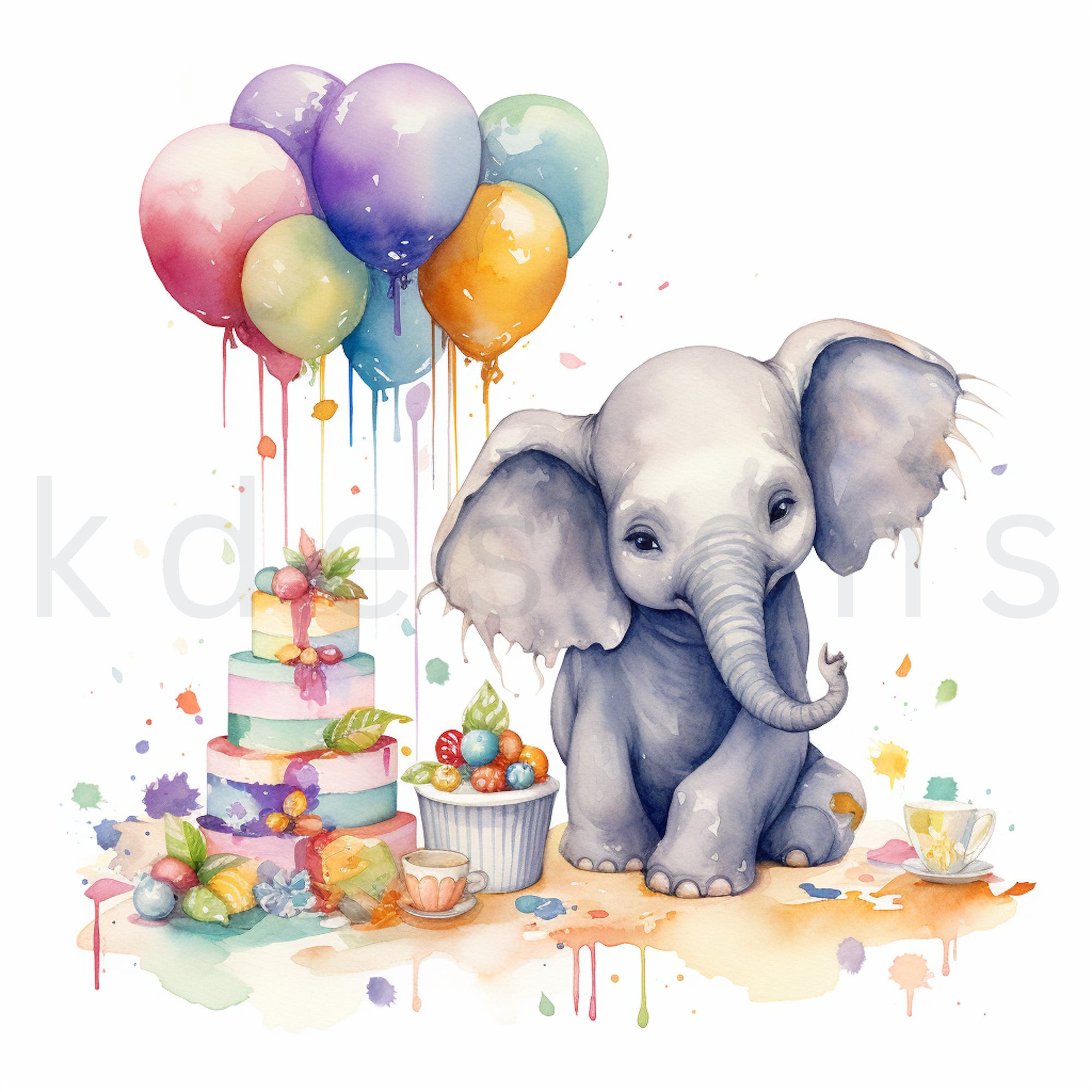 Instant Download Elephant Birthday Party Wall Art Nursery Greeting Card ...
