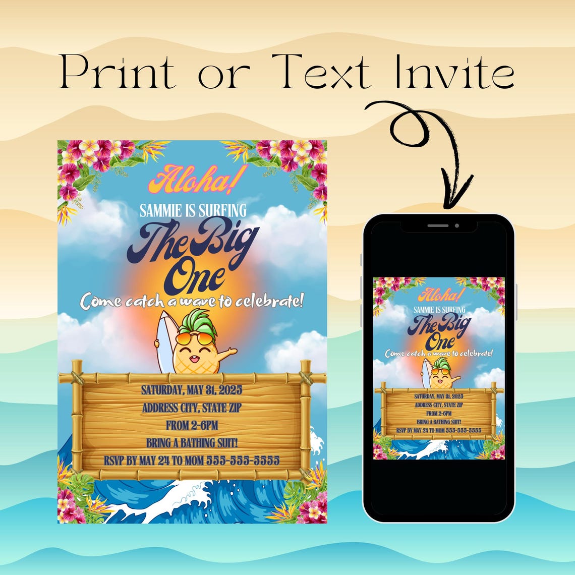 Editable "the Big One!" Invitations, First Birthday Invite, Tropical ...