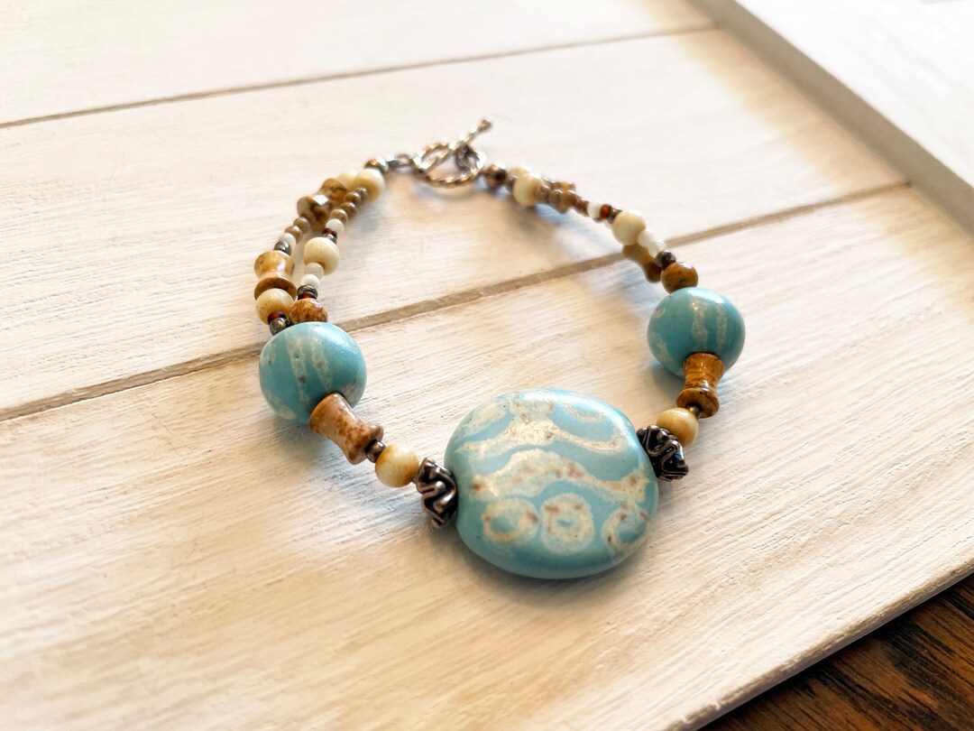 Kazuri Beaded Sterling Silver Bracelet, Mixed Beads, Handmade, One of a ...