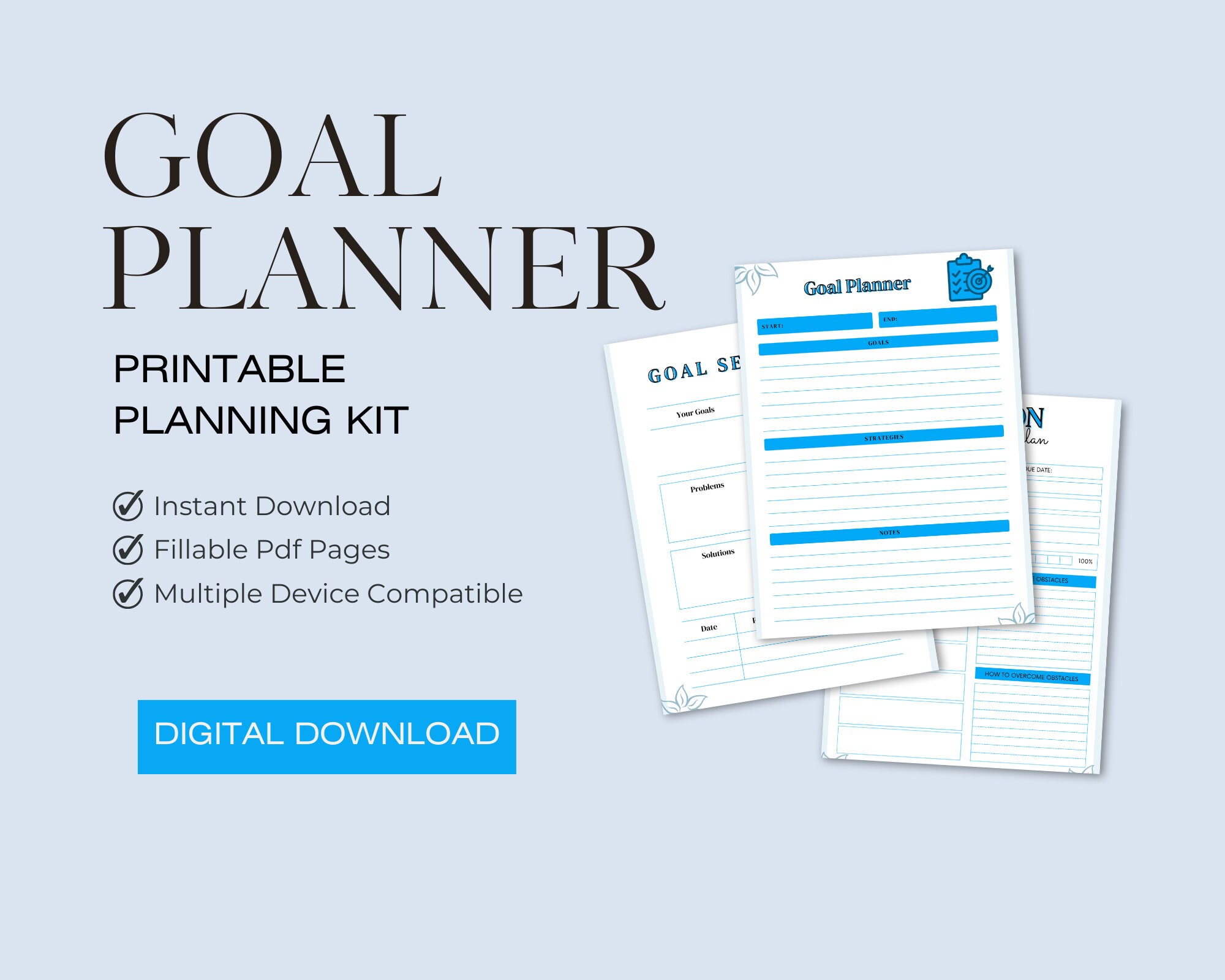 Goal Planner, Printable, Blue and White Goal Planner Undated. Instant ...