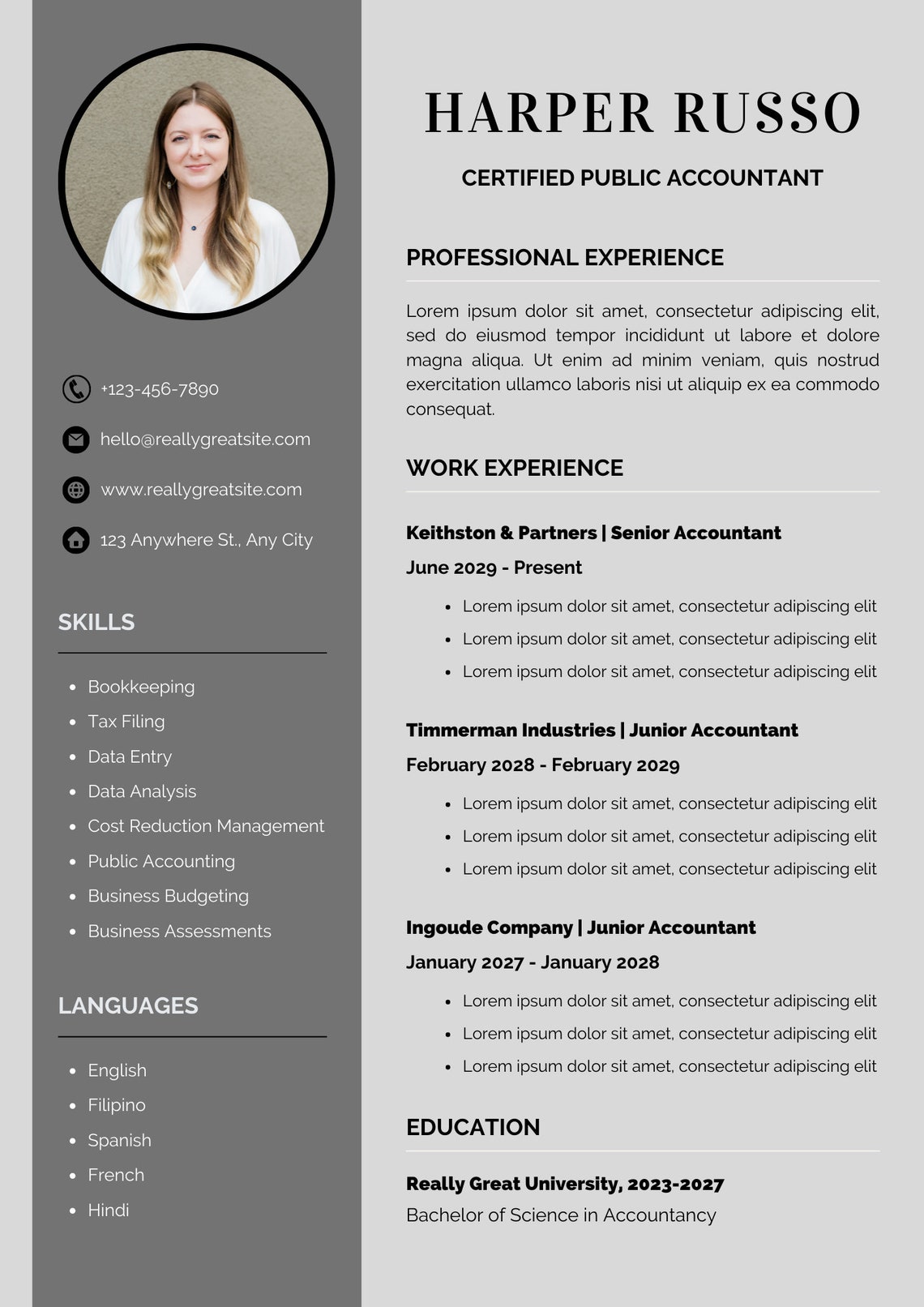 Editable Light Gray Neutral Minimalist Classic Professional Resume ...