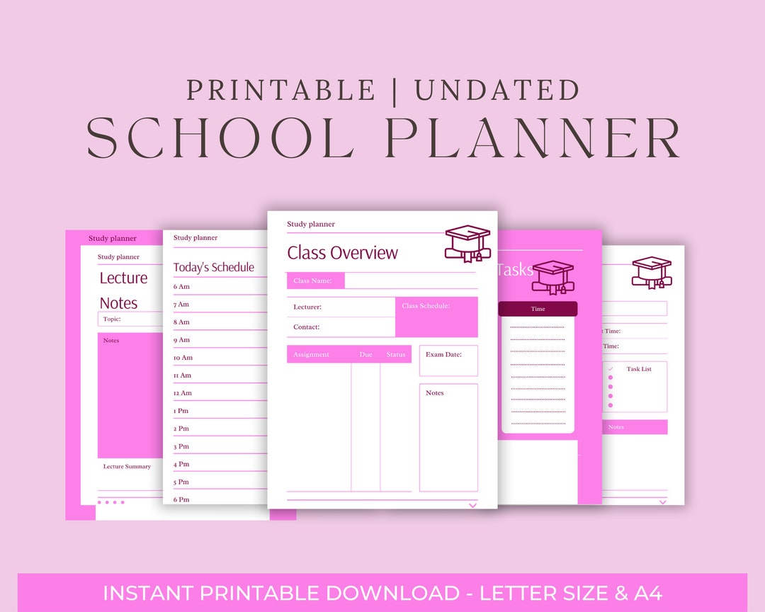 School Planner, Instant Printable, Pink White School Planner, Undated ...