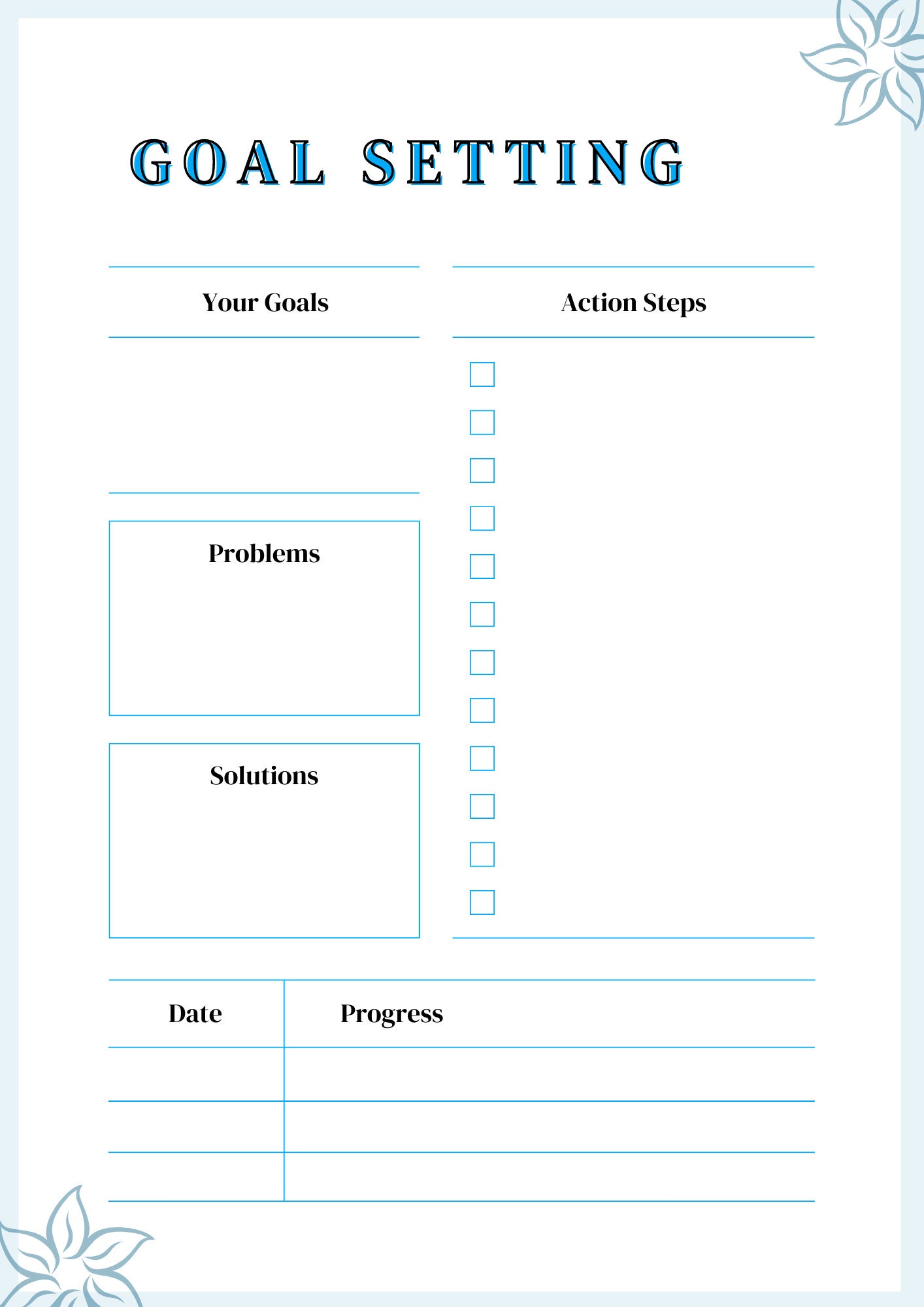 Goal Planner, Printable, Blue and White Goal Planner Undated. Instant ...