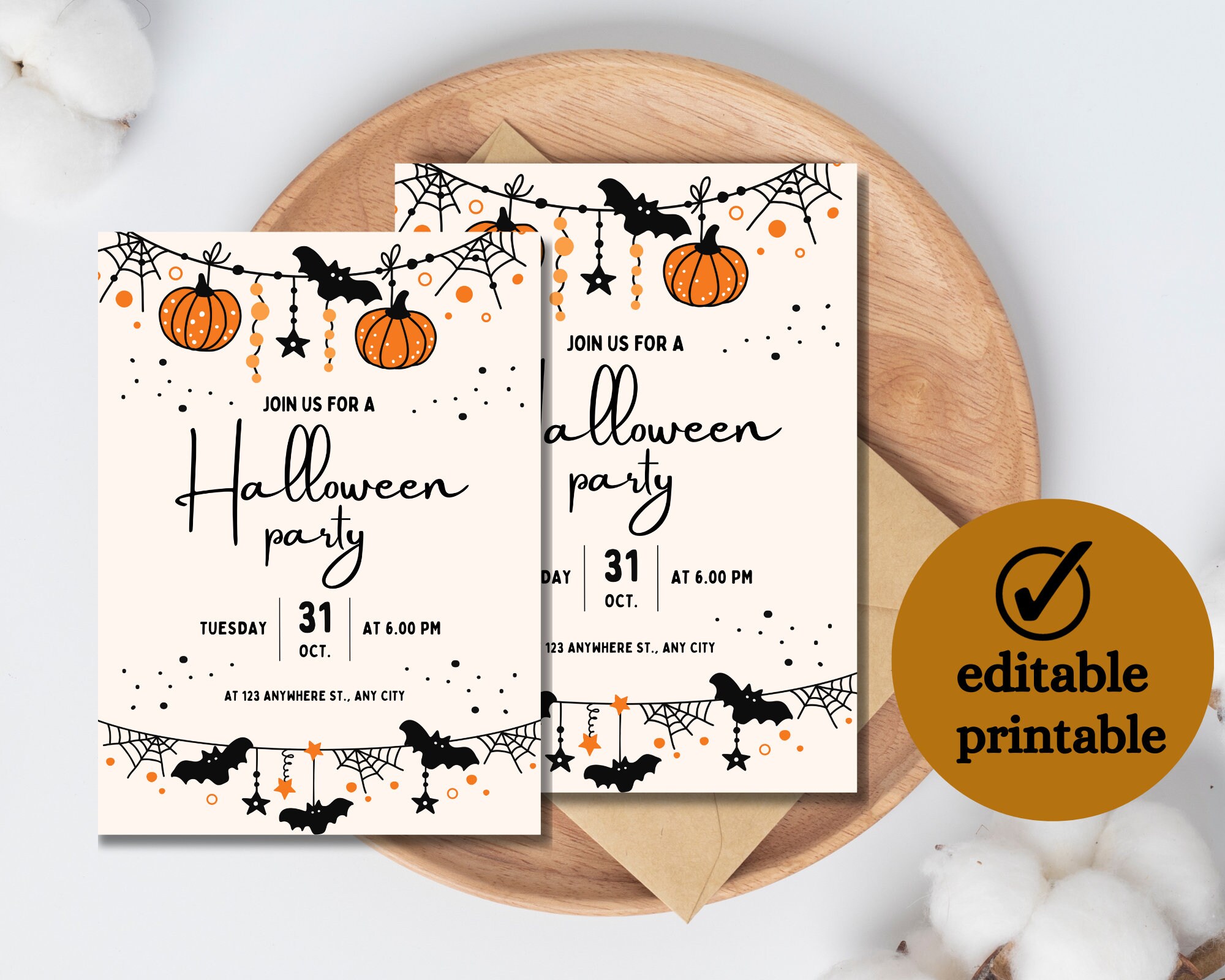 Editable Halloween Invitation Card- Beige Orange Cute Halloween Party ...